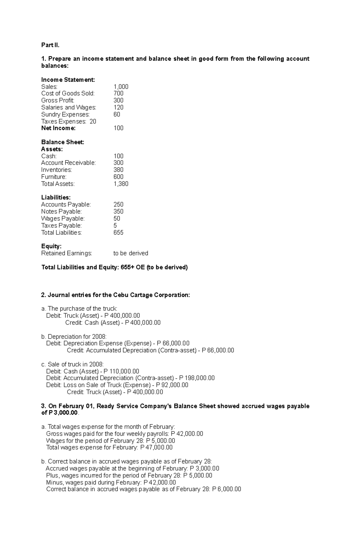 Accounting EXAM - Part II. 1. Prepare an income statement and balance ...