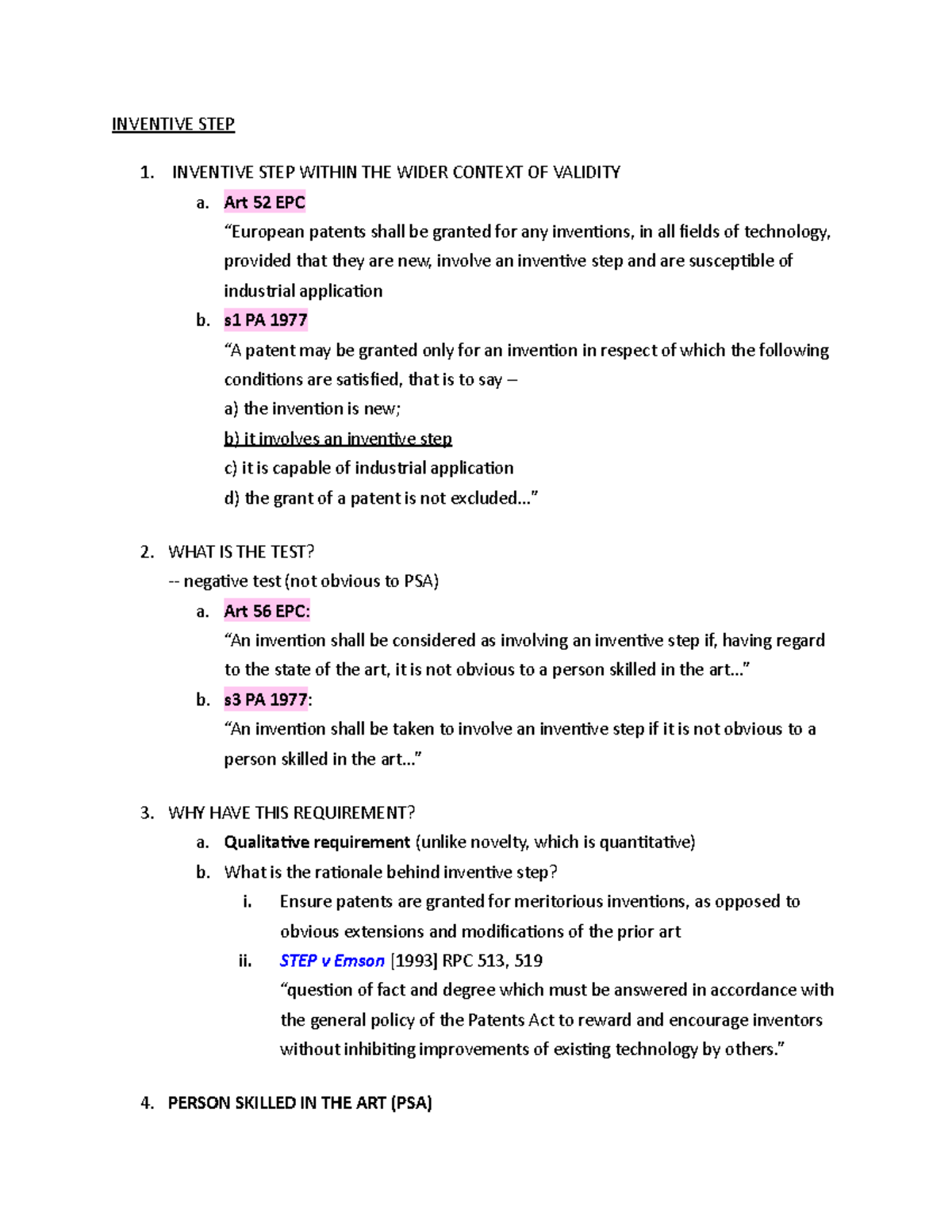 2. Inventive Step - notes - INVENTIVE STEP 1. INVENTIVE STEP WITHIN THE ...