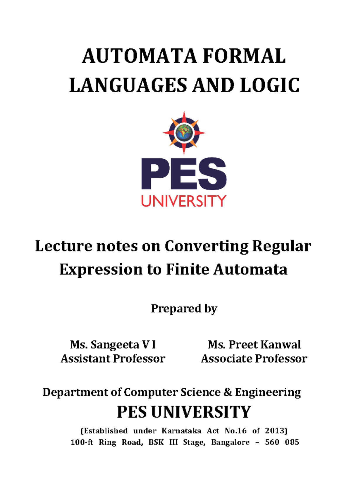 Re To Fa Re To Fa Automata Formal Languages And Logic Lecture Notes On Converting Regular