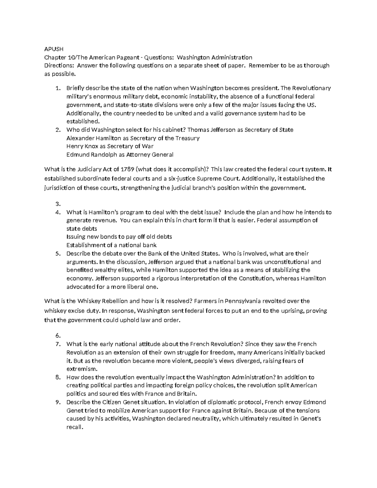 American Pageant Chapter 10 Questions Washington Administration-1 ...