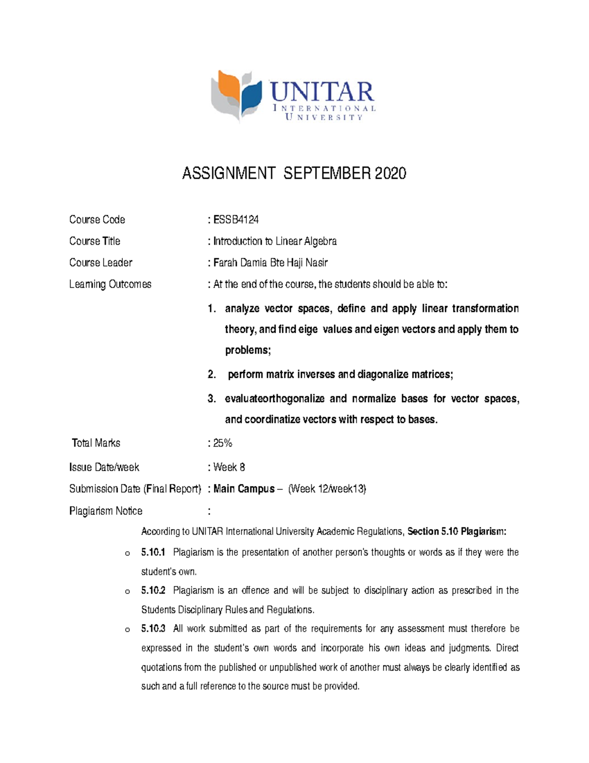 Assignment Intro TO Linear Algebra September 2020 - ASSIGNMENT ...