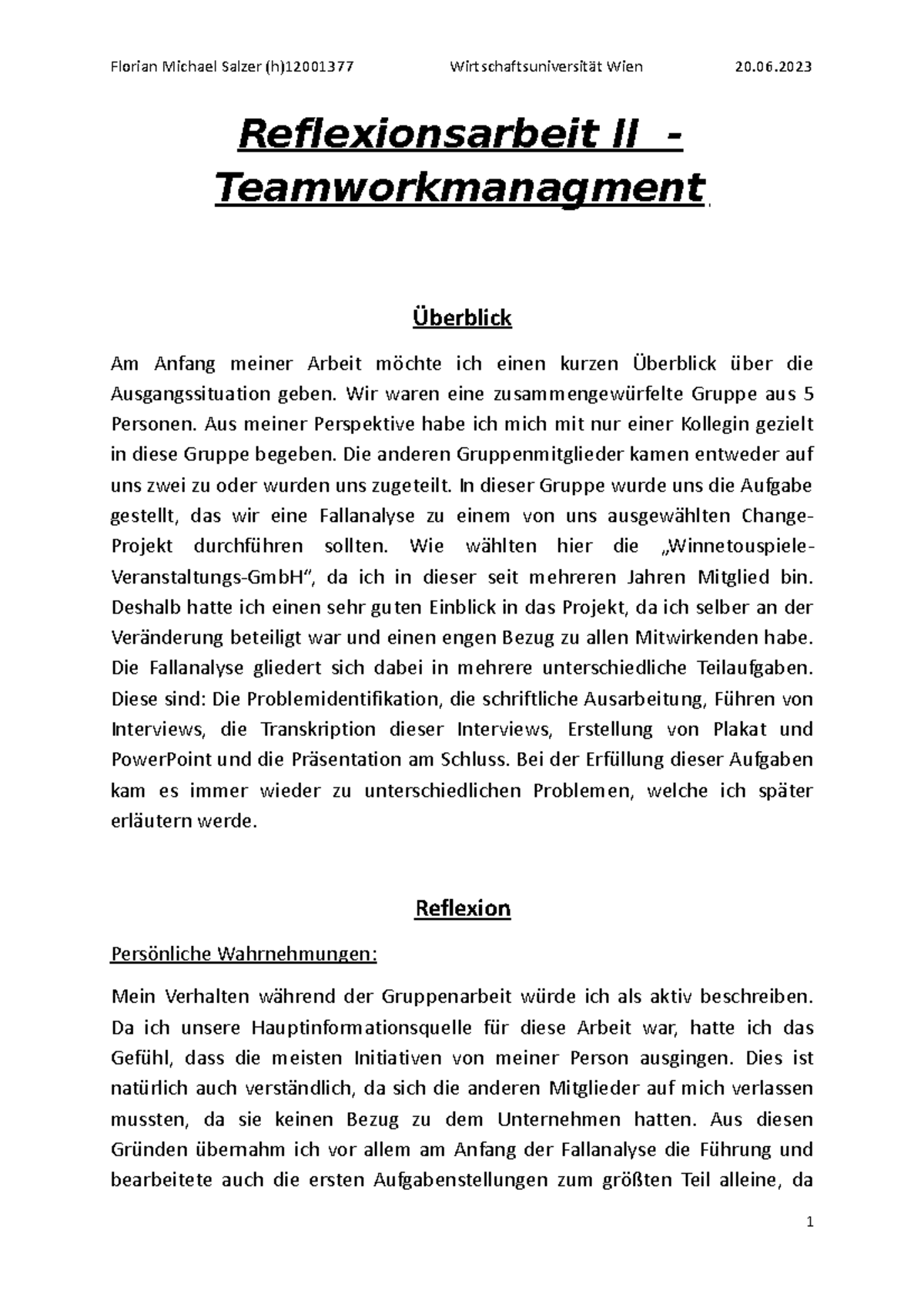 CMMD1 Reflexionsarbeit 2 - Reflexionsarbeit II - Teamworkmanagment ...