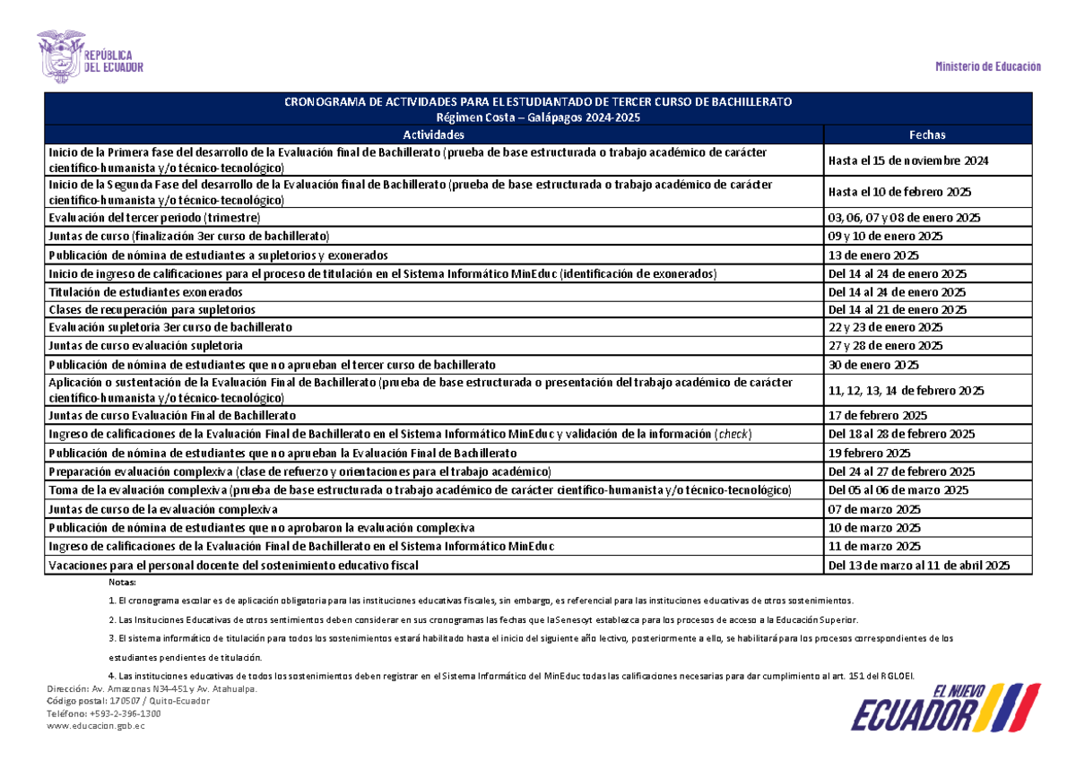 Cronograma evaluaci Ón final bachillerato - costa 2024-2025 - Dirección: Av. Amazonas N34-451 y ...
