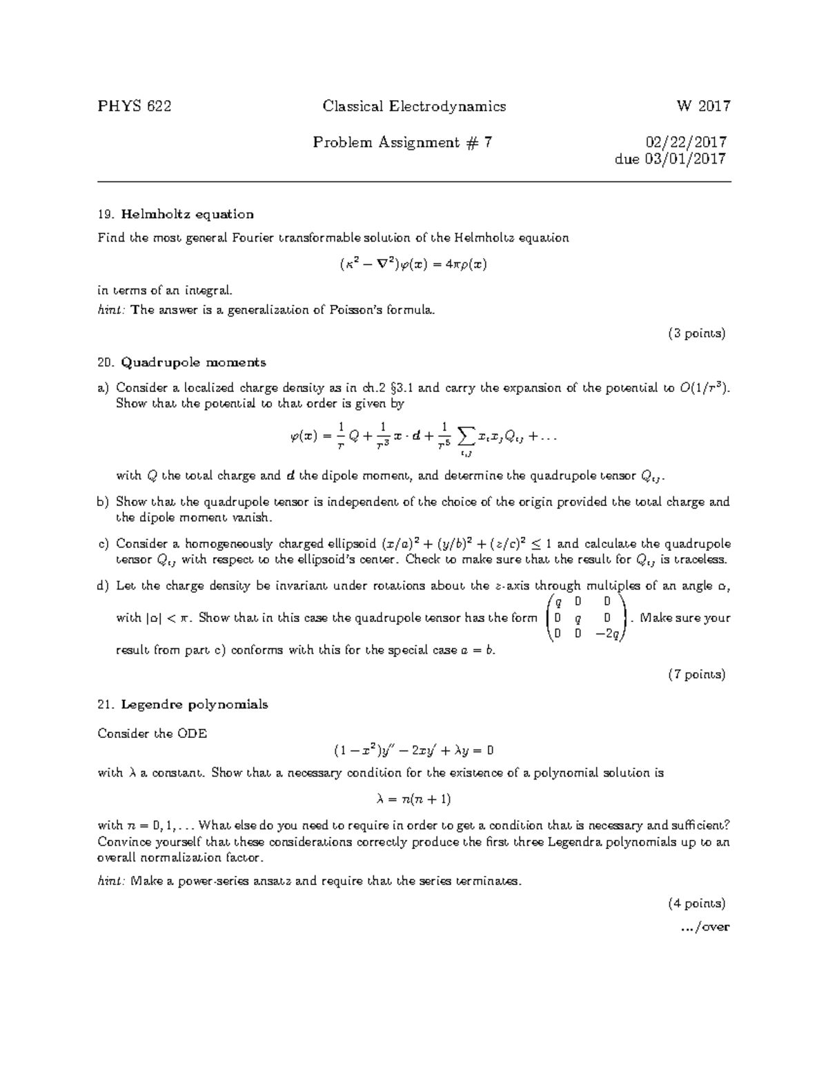 Probset 7 q + a - Homework assignment 7 - PHYS 622 Classical ...