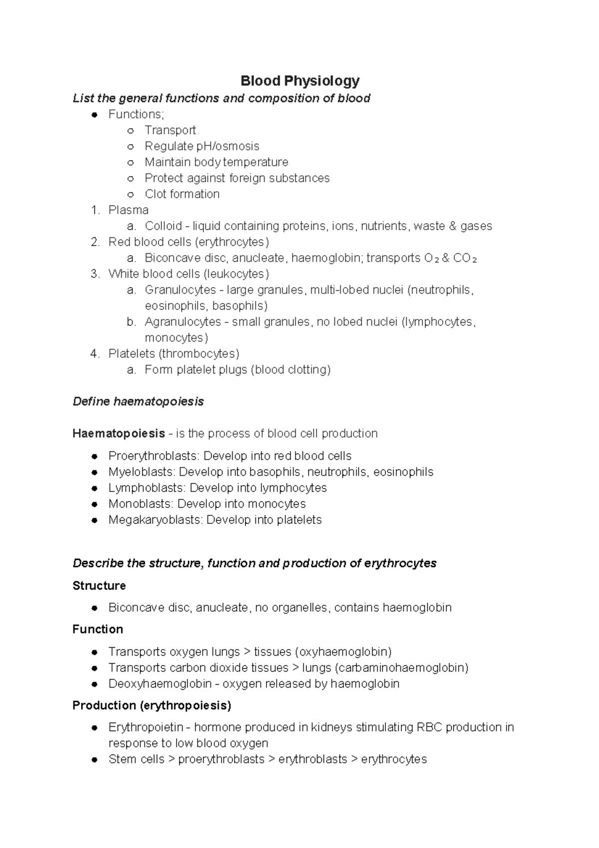 Blood Physiology - Lecture Notes - List the general functions and ...