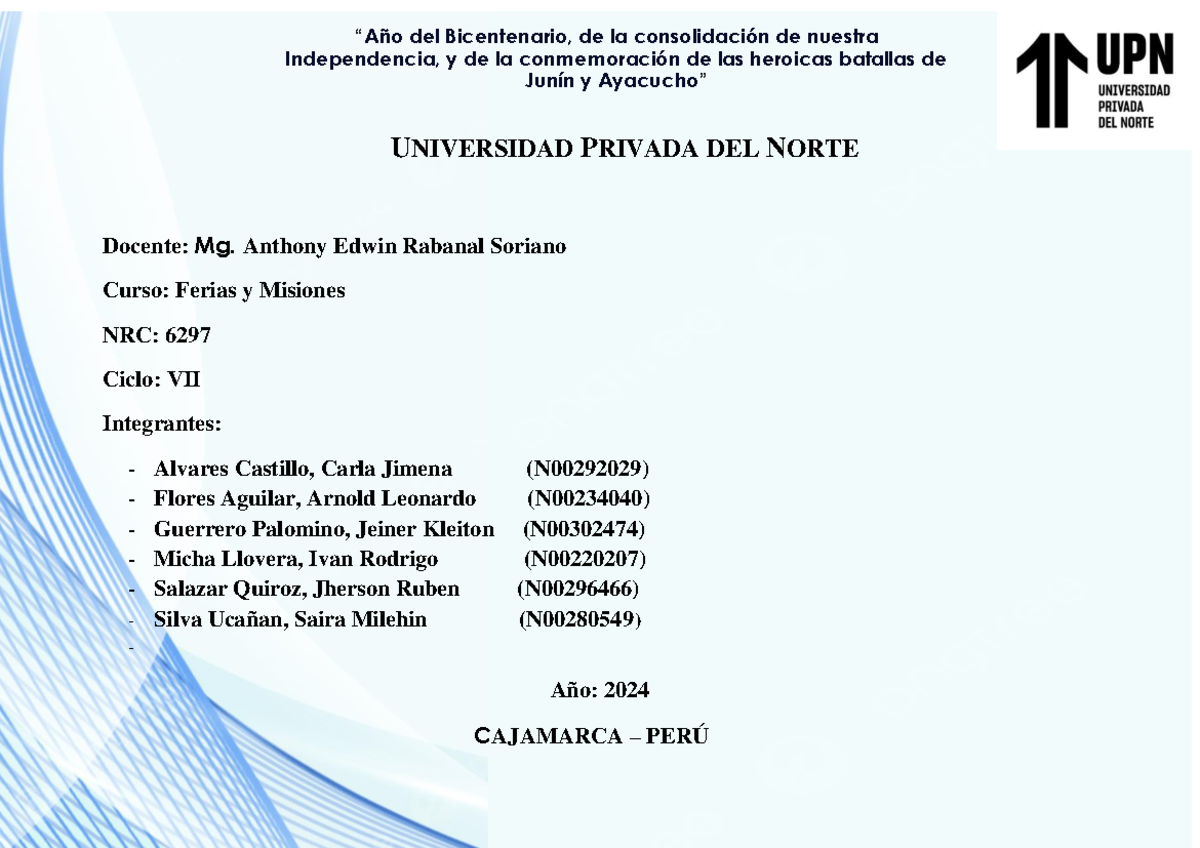 Práctica d campo - UNIVERSIDAD PRIVADA DEL NORTE Docente: Mg. Anthony ...