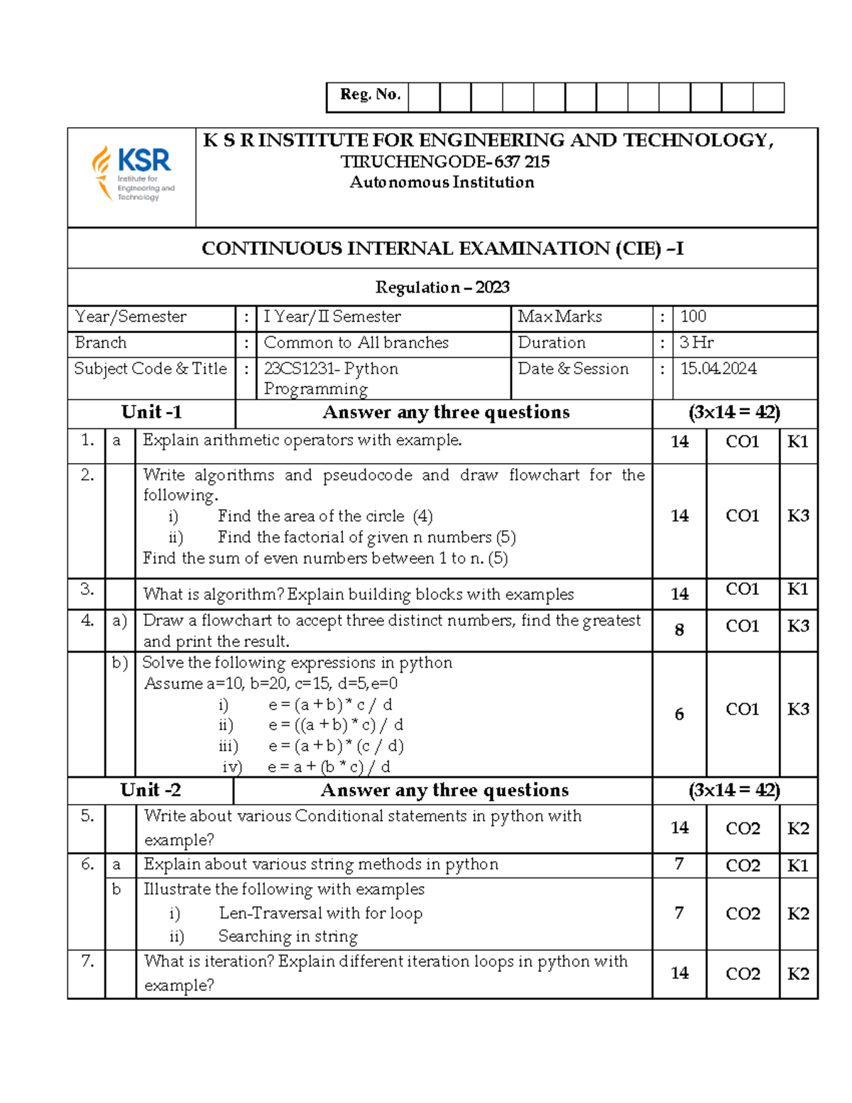 23cs1231 Python Programming Cie1 Qp Reg No K S R Institute For Engineering And Technology