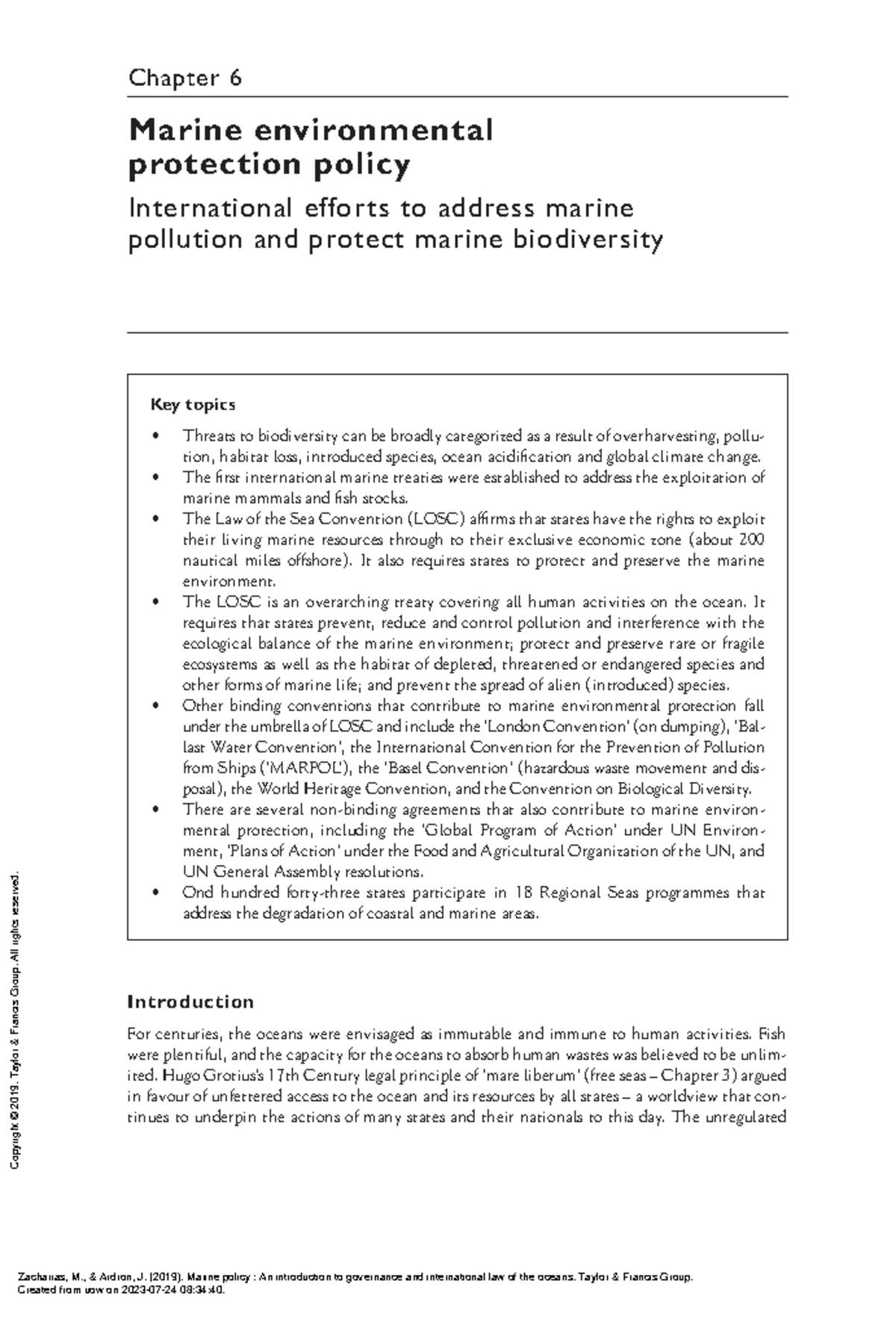 Chapter 6 marine - Key topics Threats to biodiversity can be broadly ...