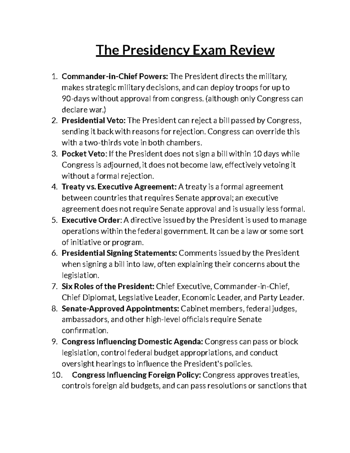 The Presidency Exam Review - The Presidency Exam Review Commander-in ...