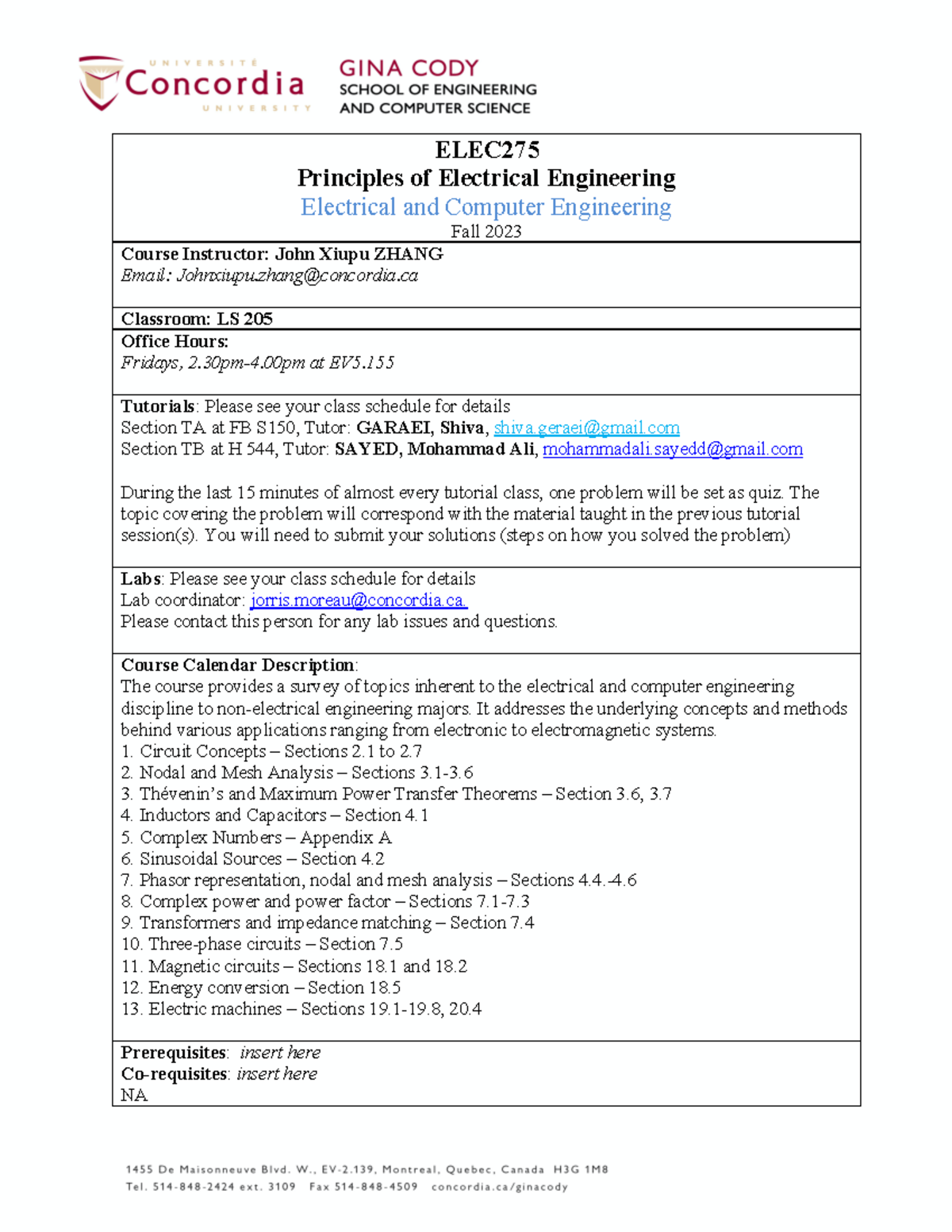 ELEC275- Outline FALL-2023 - ELEC Principles of Electrical Engineering ...
