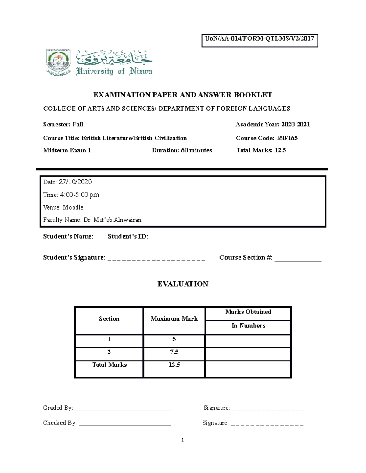 Mid 1 - rtjklbjkv - EXAMINATION PAPER AND ANSWER BOOKLET COLLEGE OF ...