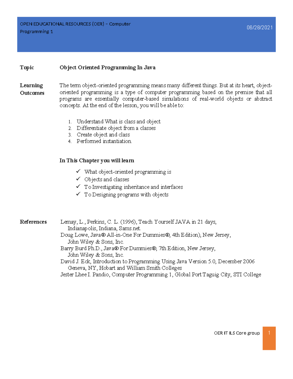 OER Oject Oriented Programming In Java - Programming 1 0 6/28/ Topic ...