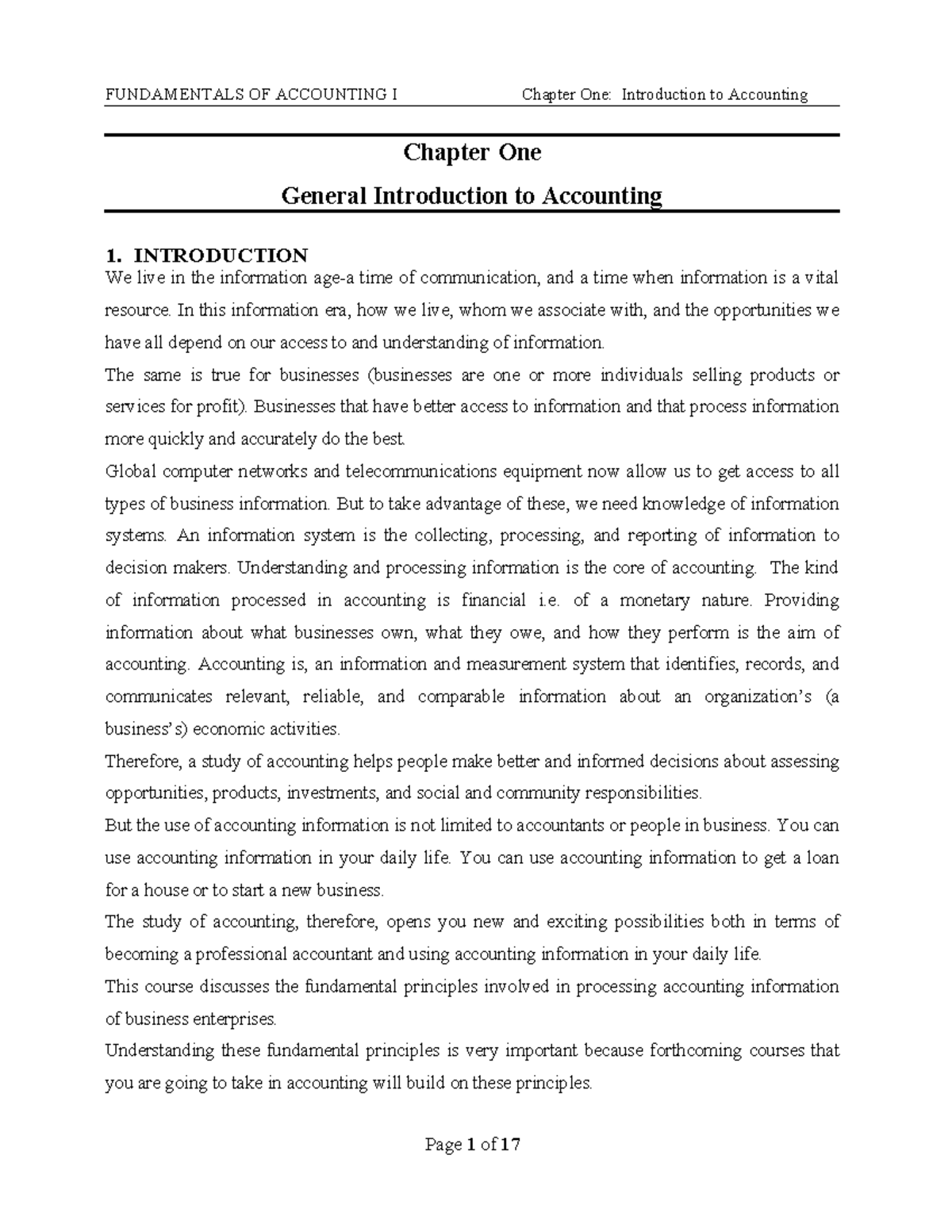 Chapter one - Fgh - FUNDAMENTALS OF ACCOUNTING I Chapter One ...