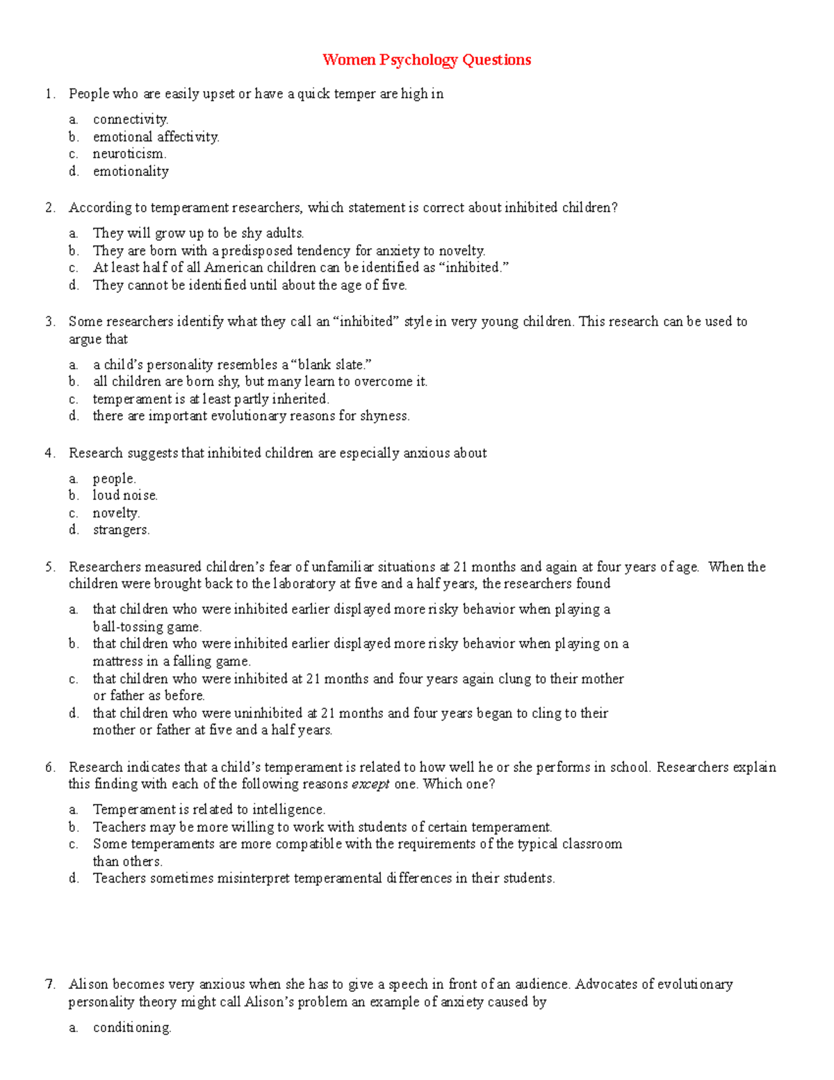 Women Psychology Questions-1 - Women Psychology Questions People who ...