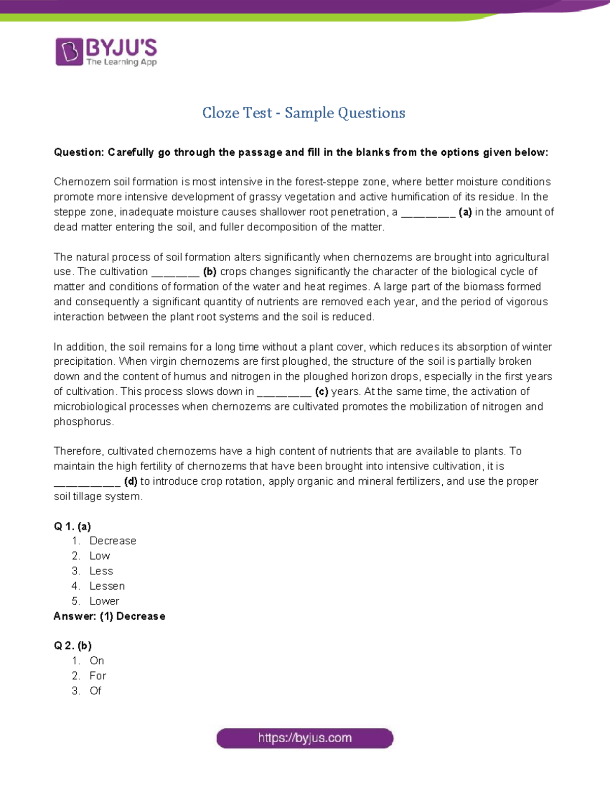 Cloze Test Sample Questions - Cloze Test - Sample Questions Question ...