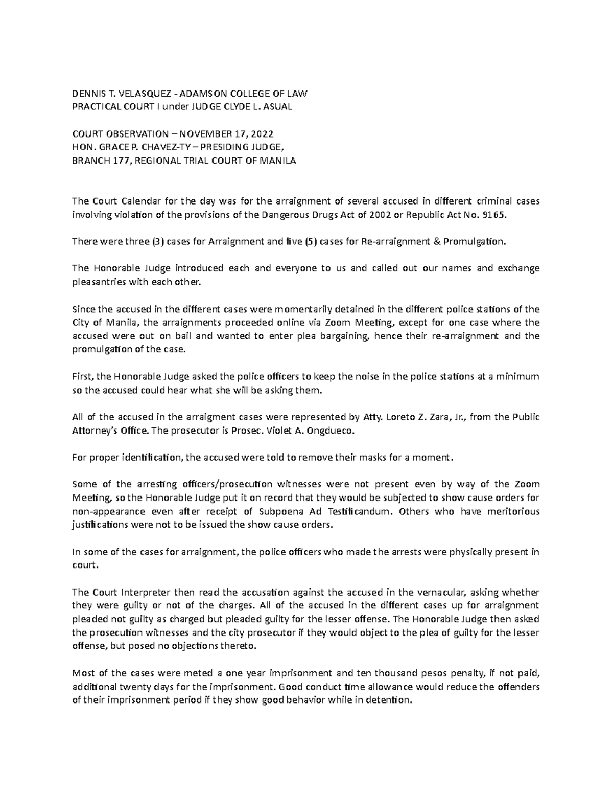 Court Observation - DENNIS T. VELASQUEZ - ADAMSON COLLEGE OF LAW ...