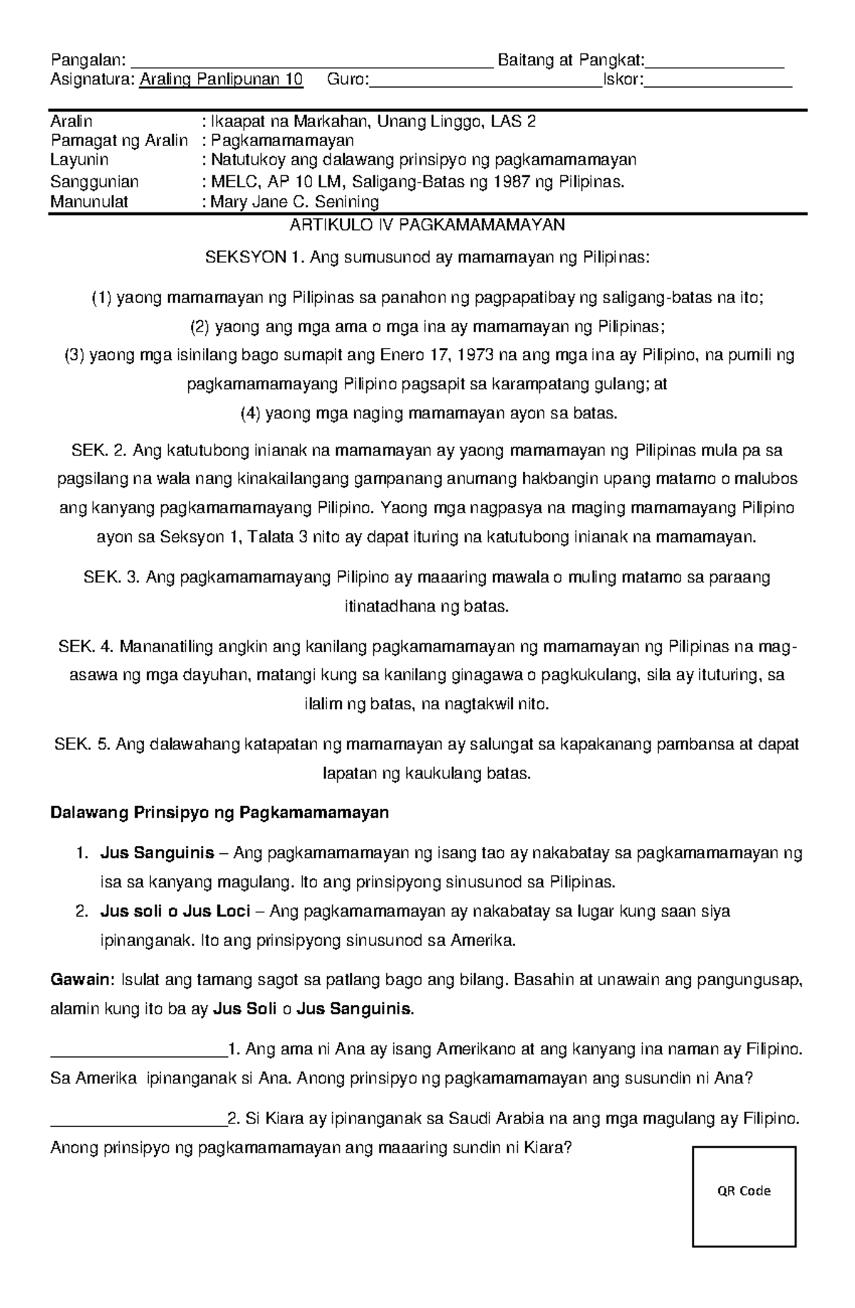 AP10 Q4 W1 LAS2 - LAS - Pangalan: _______________________________________ Baitang at - Studocu