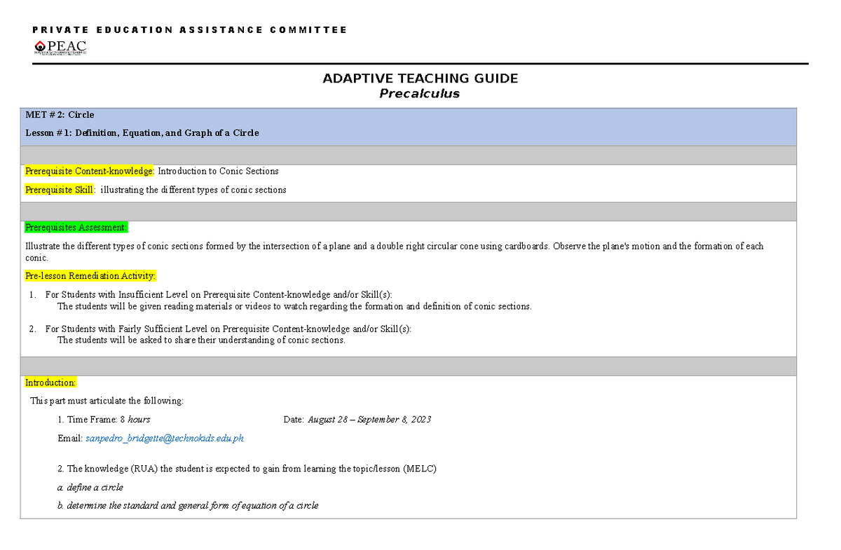 Adaptive Teaching Guide - Precalculus - P R I V A T E E D U C A T I O N ...