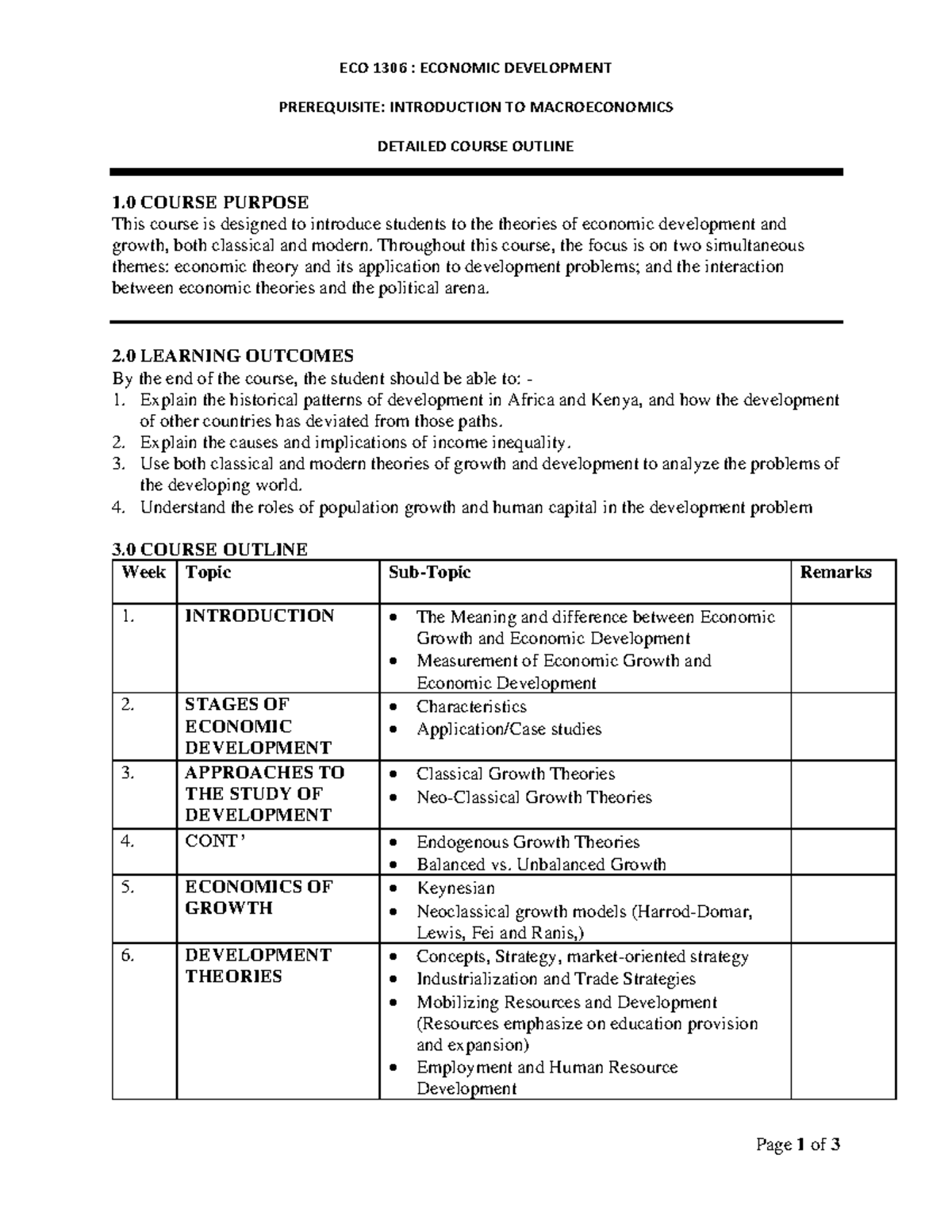 ECO 1306 Economic Development course outline - Page 1 of 3 ECO 1306 ...