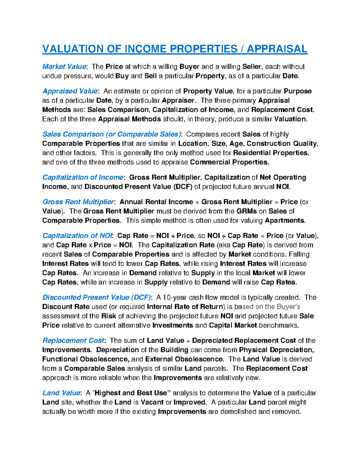 Valuation OF Income Properties - Appraisal - Chapter 10 - VALUATION OF ...