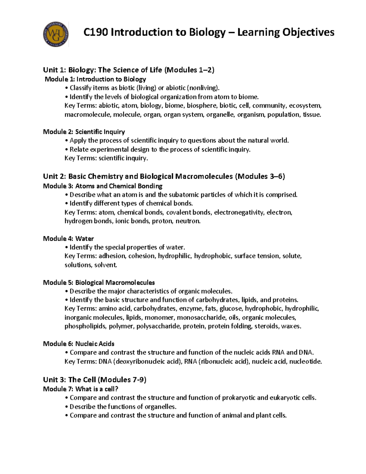 Learning Objectives and Key Terms - Unit 1: Biology: The Science of ...