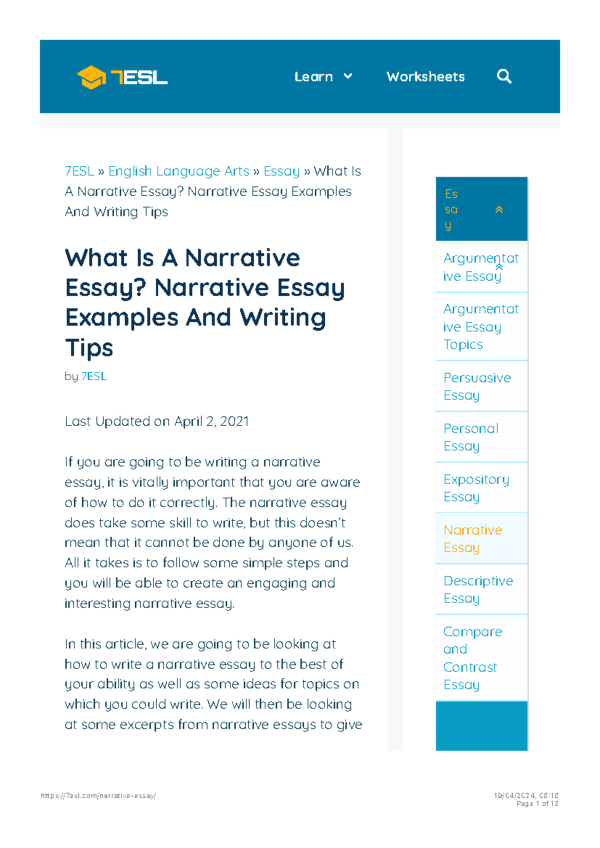 What Is A Narrative Essay Narrative Essay Examples And Writing Tips • 7ESL - 7ESL » English ...