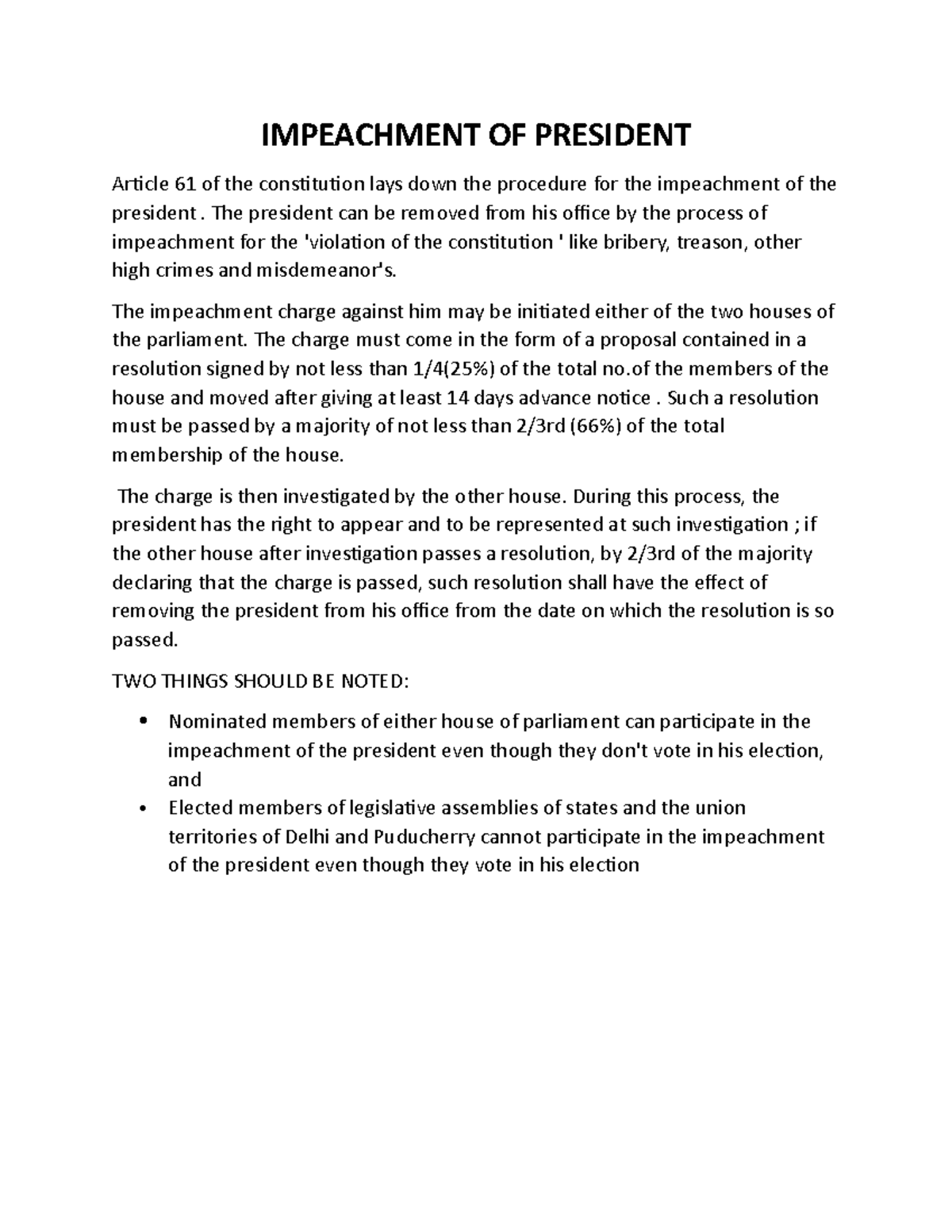 Impeachment OF President - IMPEACHMENT OF PRESIDENT Article 61 of the ...