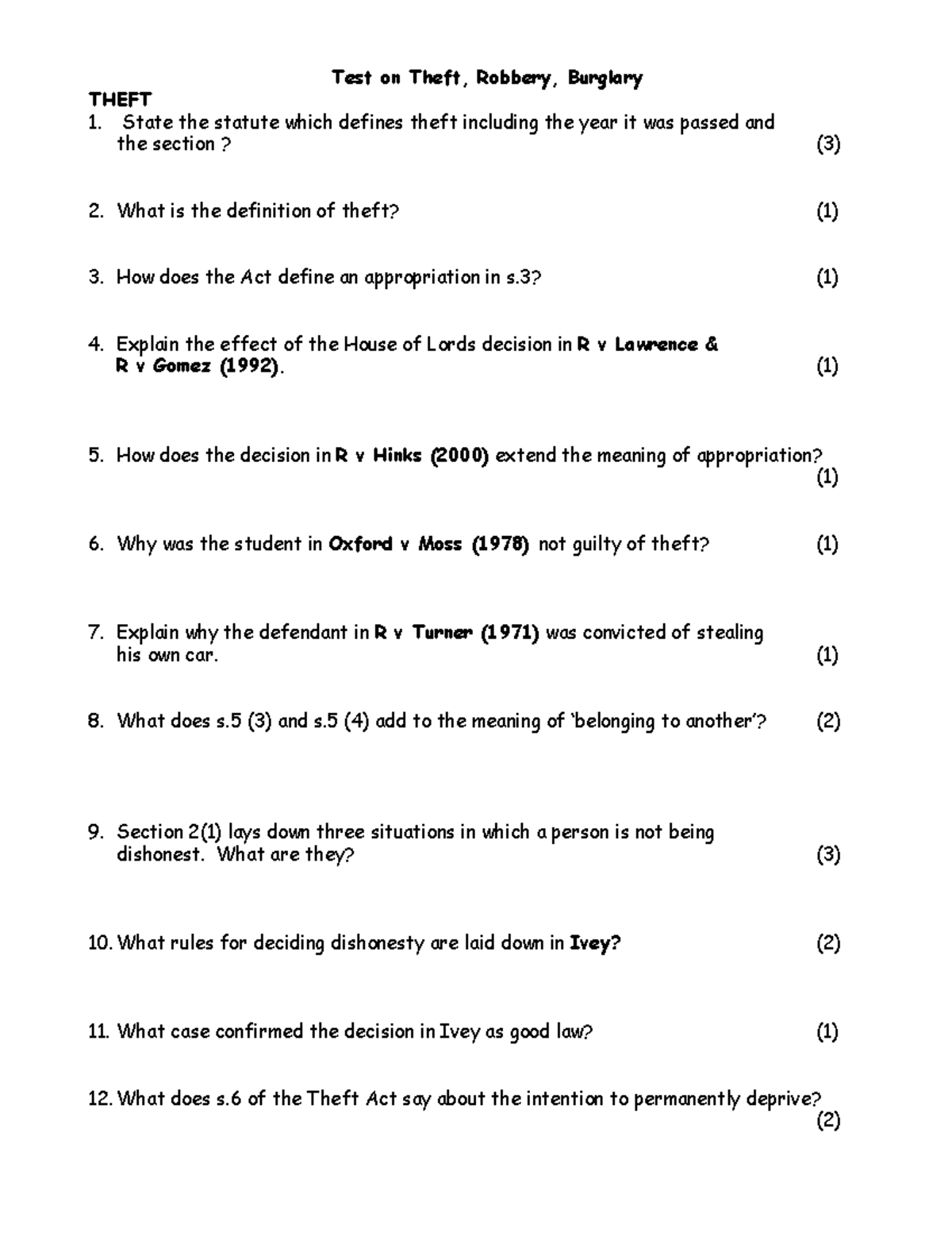 Theft, rob + burg test 2023 - Test on Theft, Robbery, Burglary THEFT ...