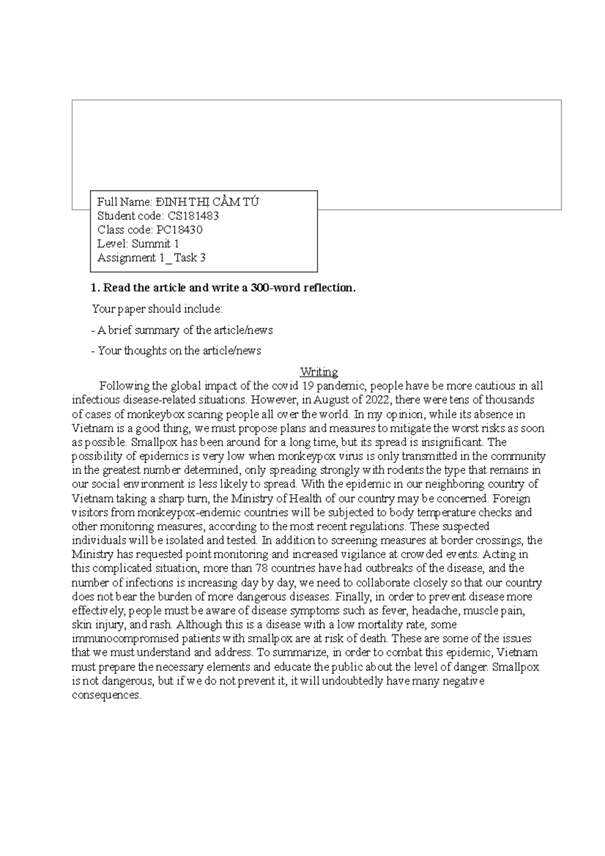 Summit 1 assignment - dehdbhd - Read the article and write a 300-word ...