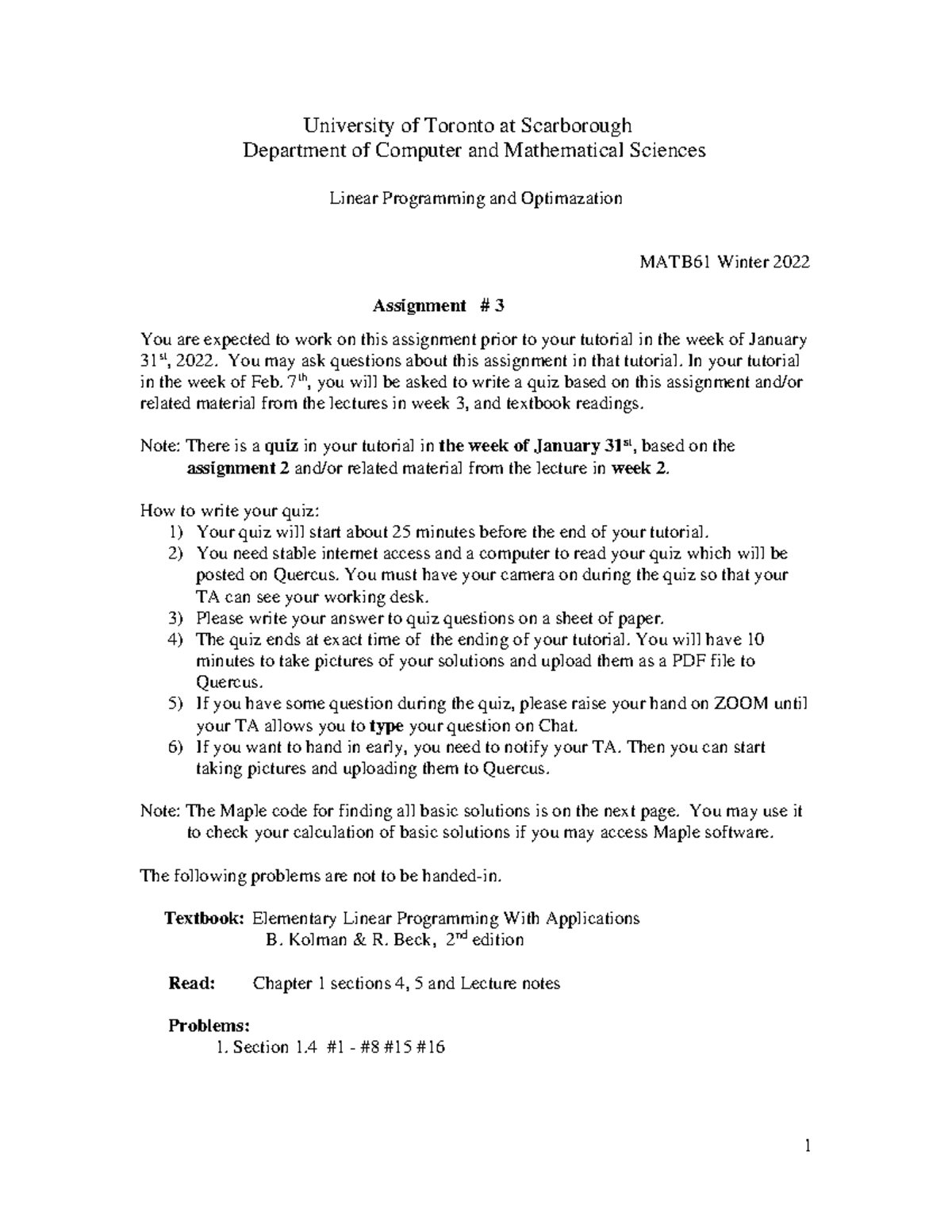 Assignment 3 - 1 University of Toronto at Scarborough Department of ...
