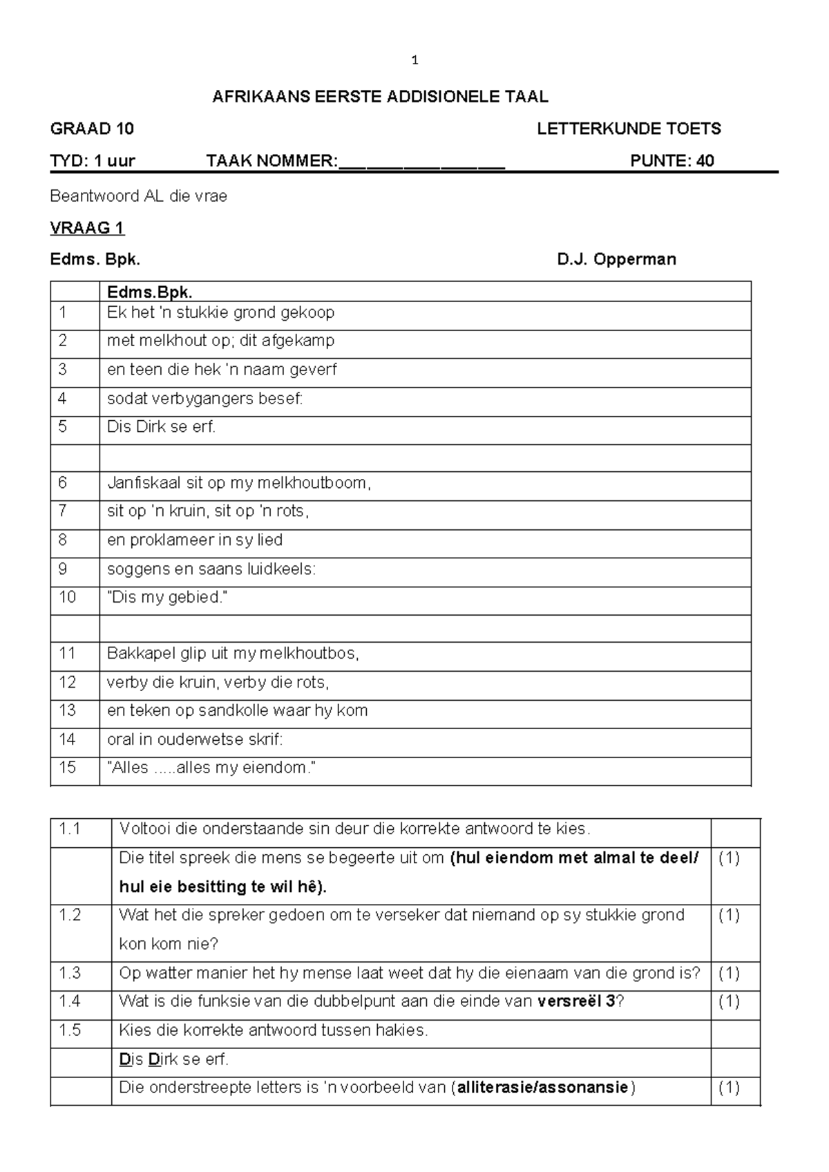Gr.10 Afr EAT Letterkunde Toets - 1 AFRIKAANS EERSTE ADDISIONELE TAAL GRAAD 10 LETTERKUNDE TOETS ...