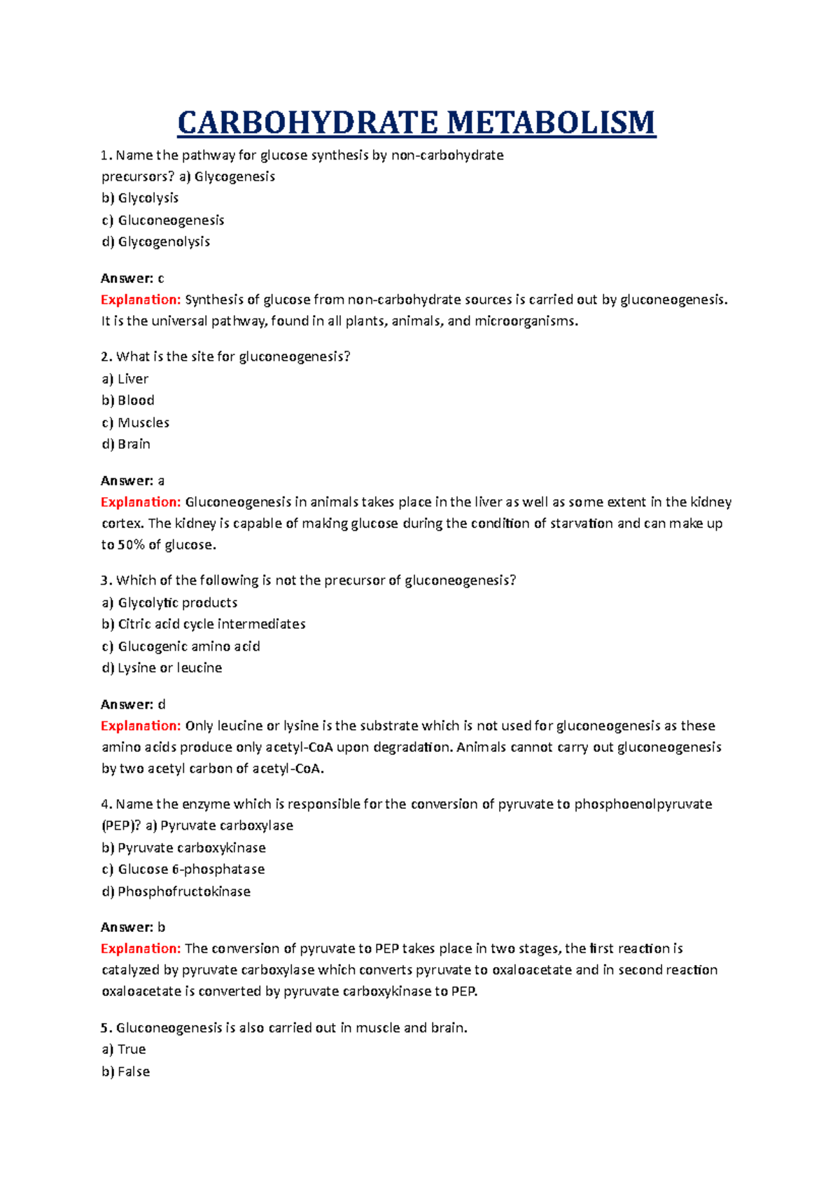 Carbohydrate Metabolism Questions CARBOHYDRATE METABOLISM Name The