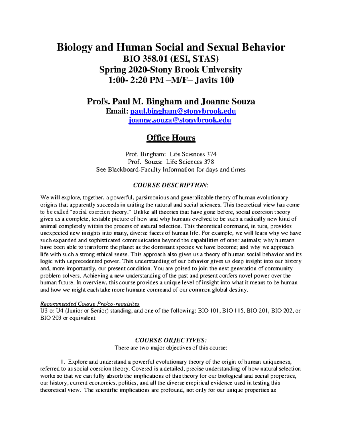 BIO 358 Spring 2020 syllabus - Warning: TT: undefined function: 32 Biology and Human Social and ...