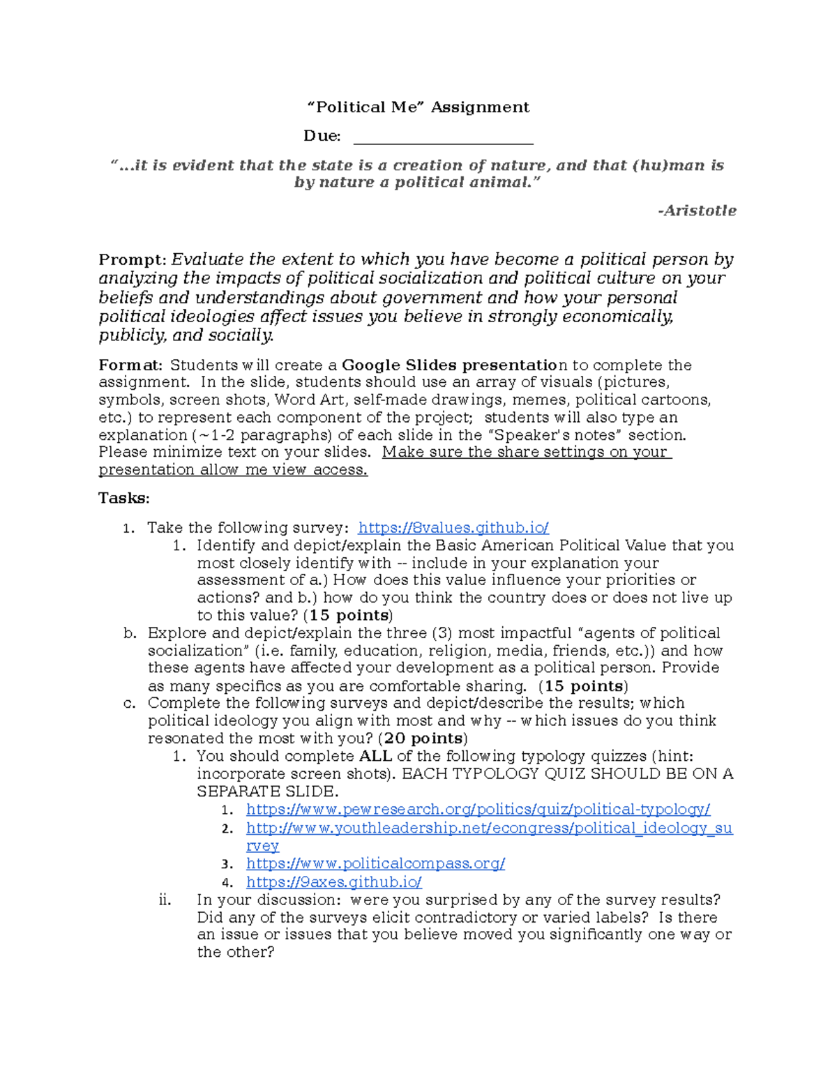 Political Me 2022 - hbbb b - “Political Me” Assignment Due ...