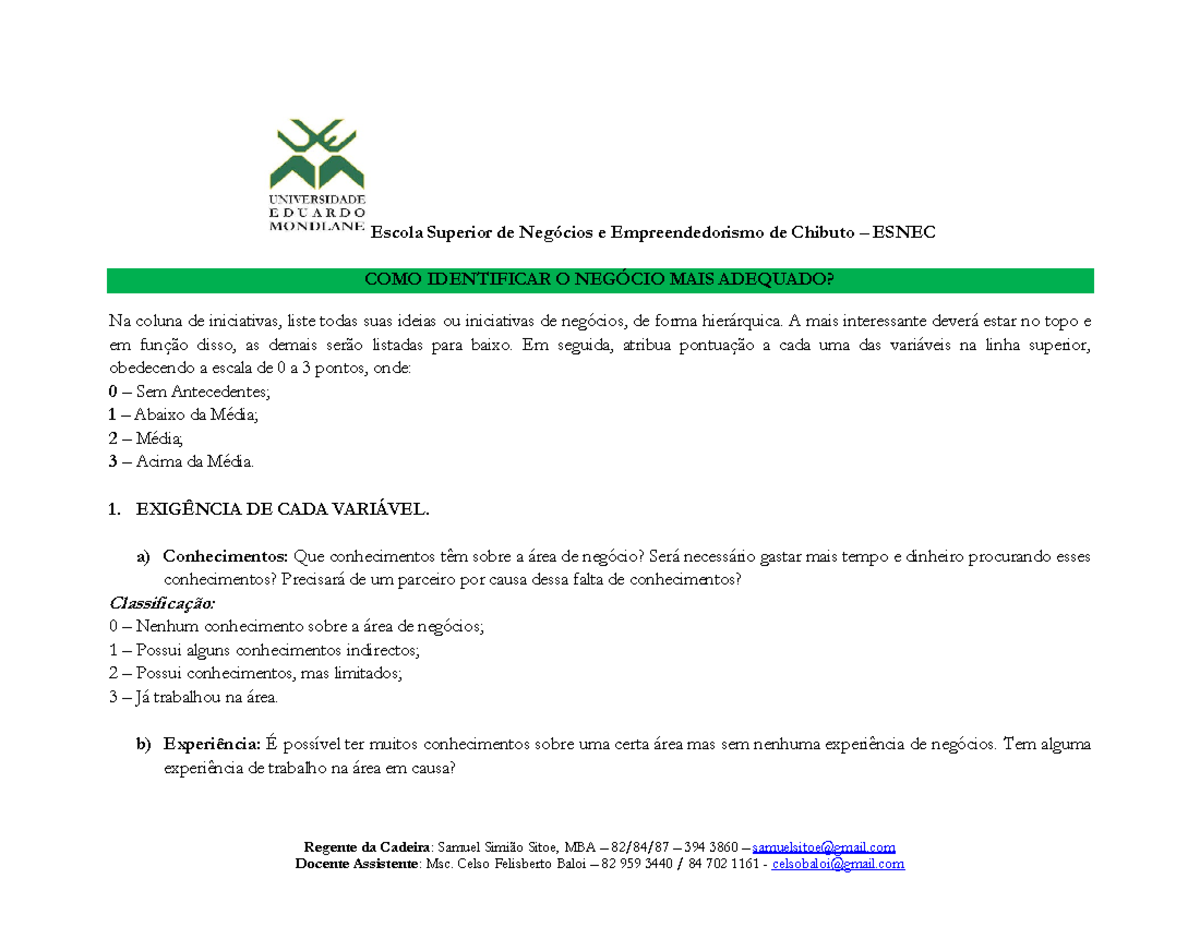 2 Checklist - Identificacao da Melhor Ideia de Negocio - Regente da ...