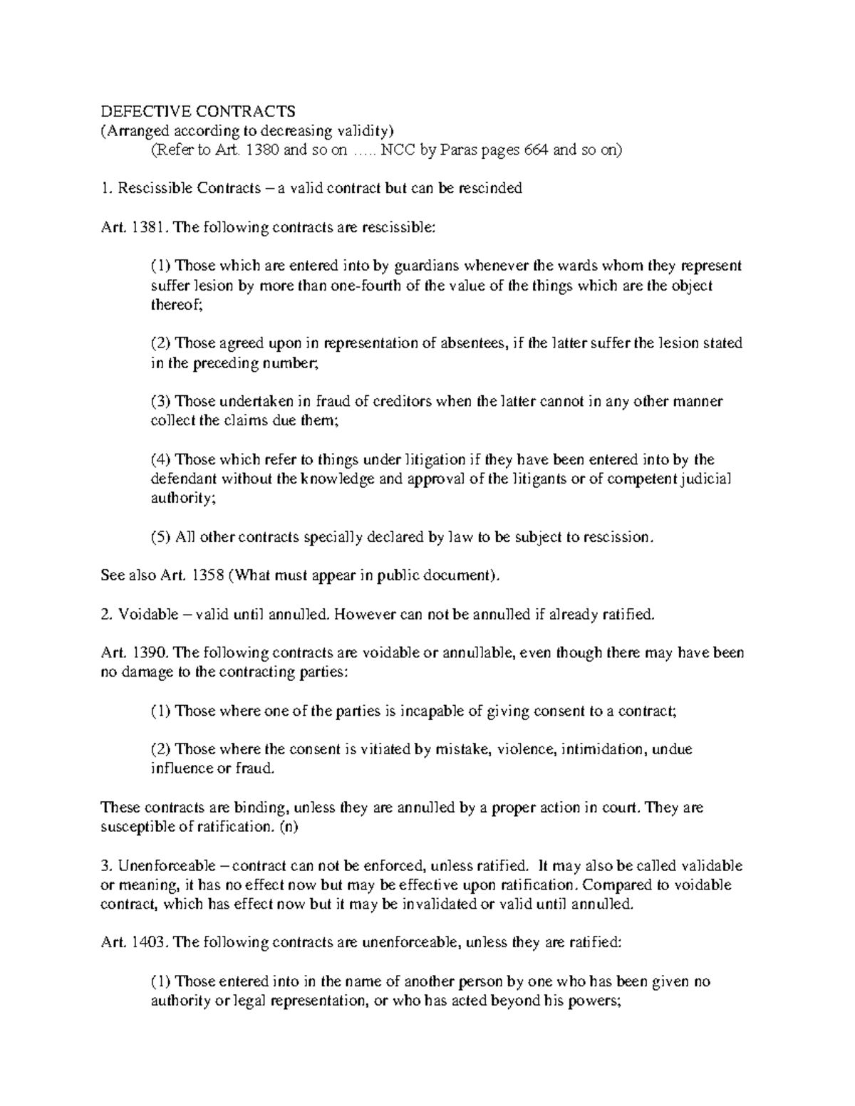 Rescissible, Voidable Unenforceable and Void Contracts - DEFECTIVE CONTRACTS (Arranged according ...