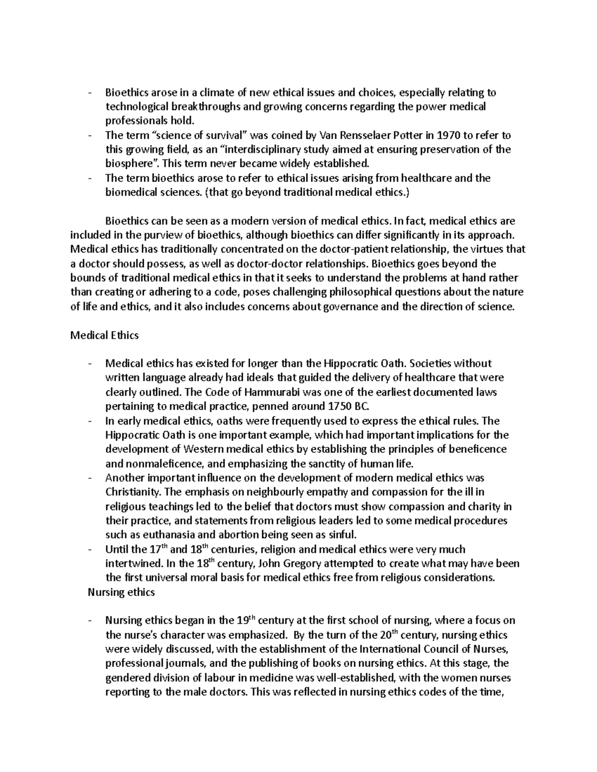 PHI2396 Summary notes - Bioethics arose in a climate of new ethical ...