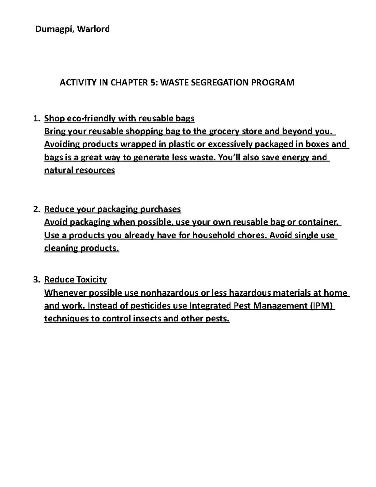 Activity in chapter 5 - jkjkhkh - Dumagpi, Warlord ACTIVITY IN CHAPTER 5: WASTE SEGREGATION ...