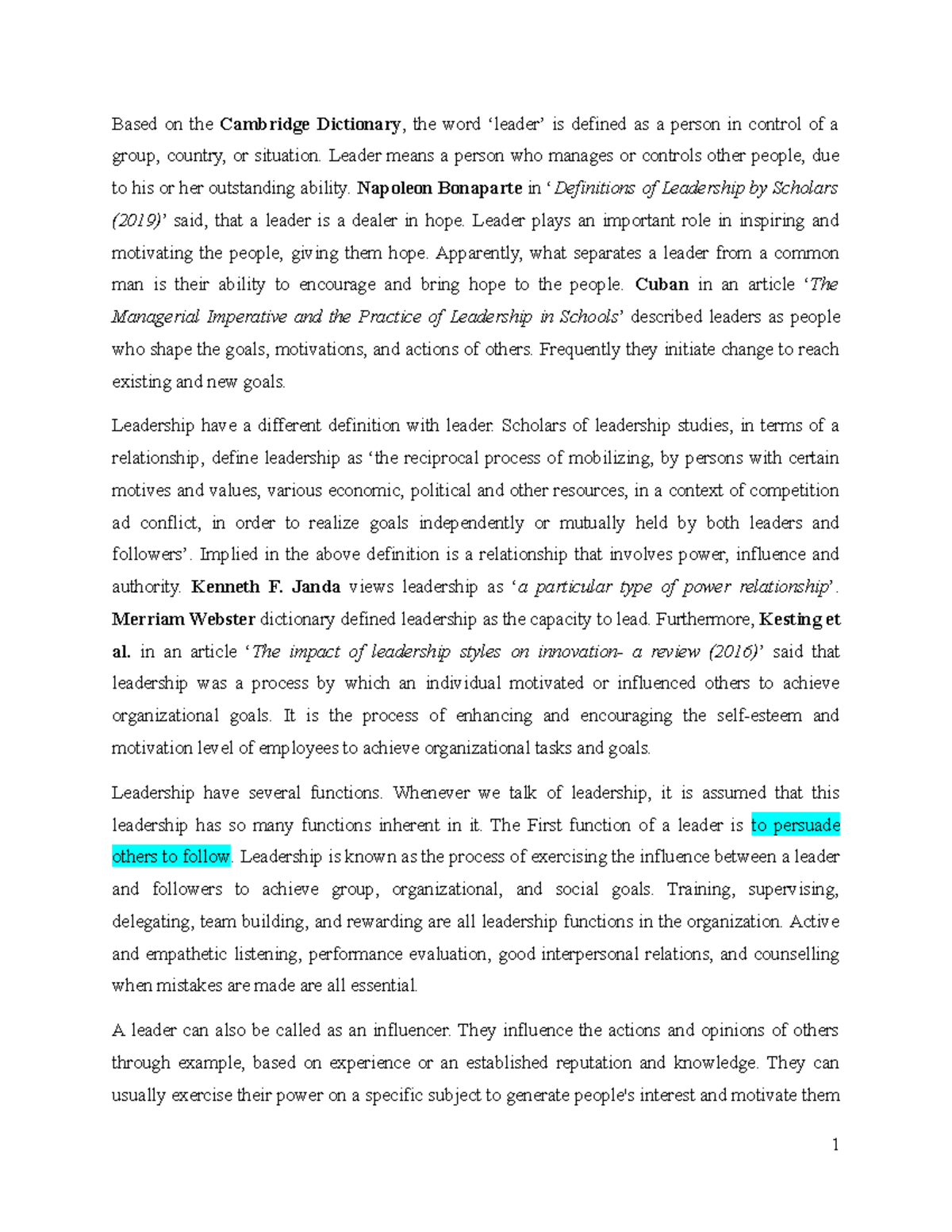 Function of Leadership - Based on the Cambridge Dictionary, the word ...