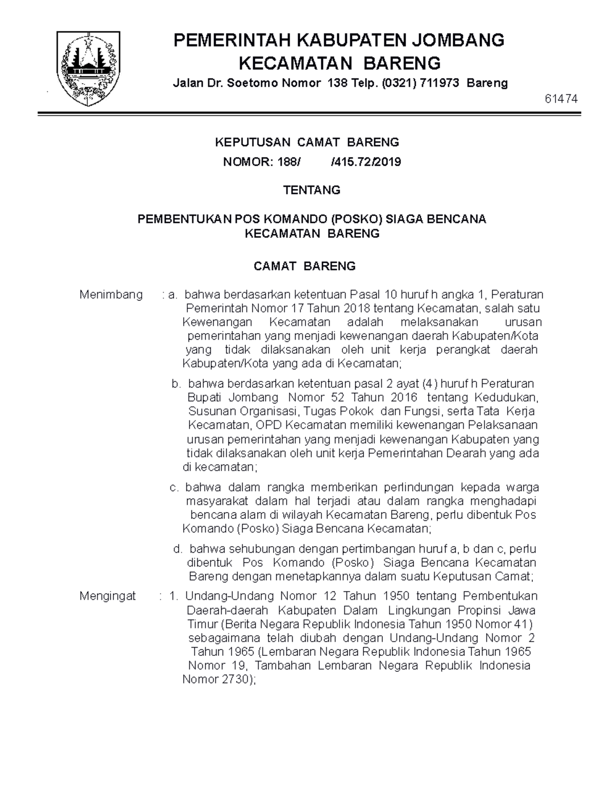 Pembentukan Posko Siaga Bencana - PEMERINTAH KABUPATEN JOMBANG KECAMATAN BARENG Jalan Dr ...