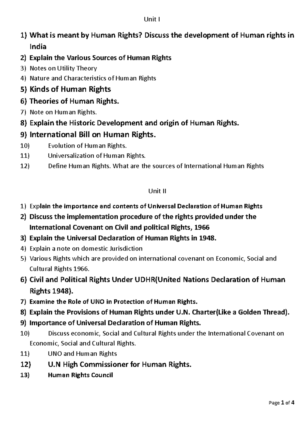 Important question on Human Rights Law and Practise - Unit I 1) What is ...