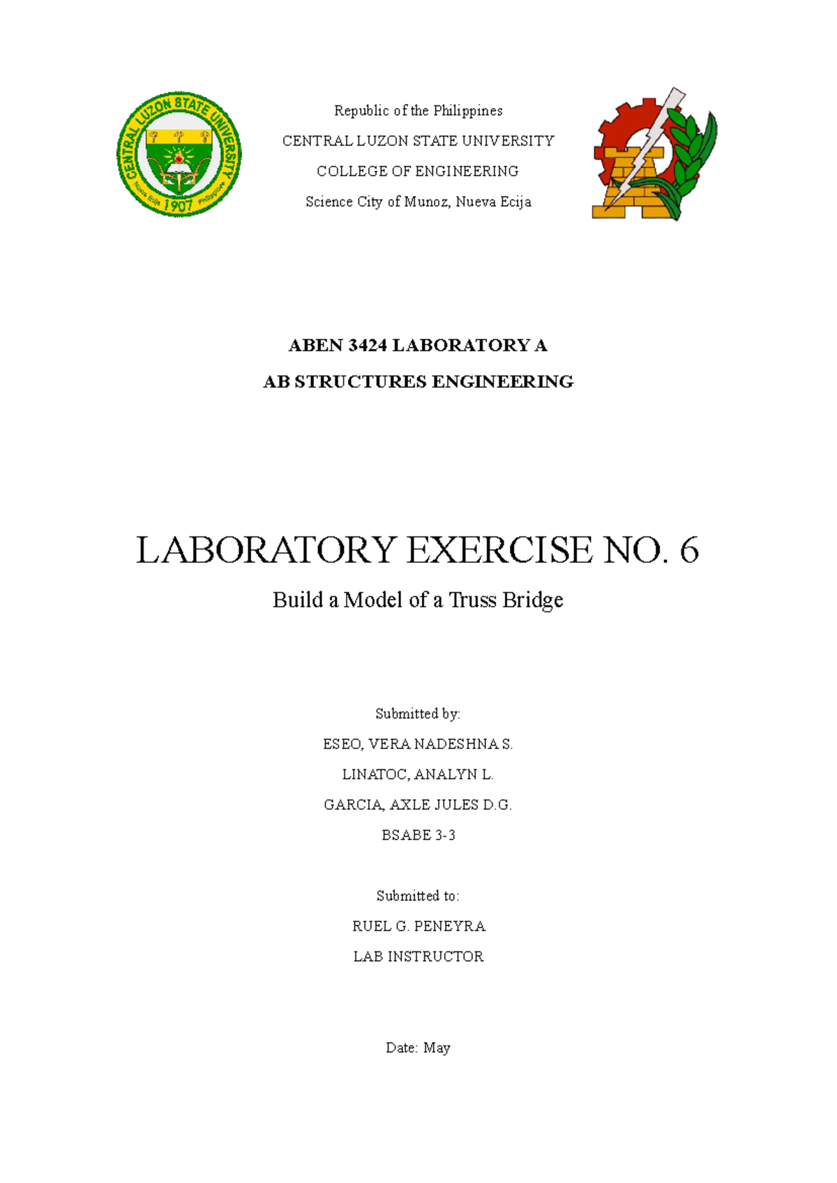 Laboratory EX 6 - Classwork - Republic of the Philippines CENTRAL LUZON STATE UNIVERSITY COLLEGE ...