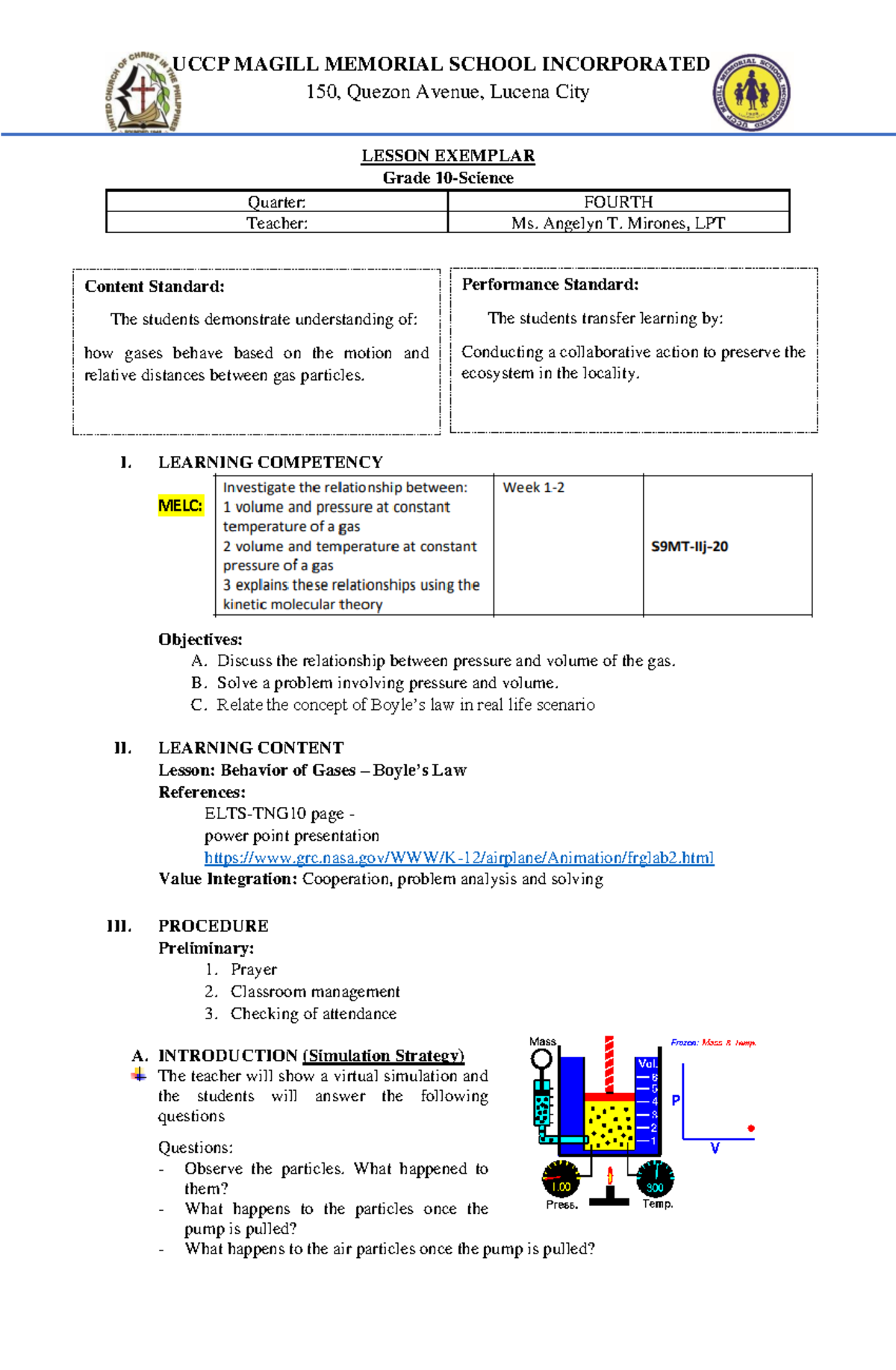 Mirones-Learning Plan - UCCP MAGILL MEMORIAL SCHOOL INCORPORATED 150 ...