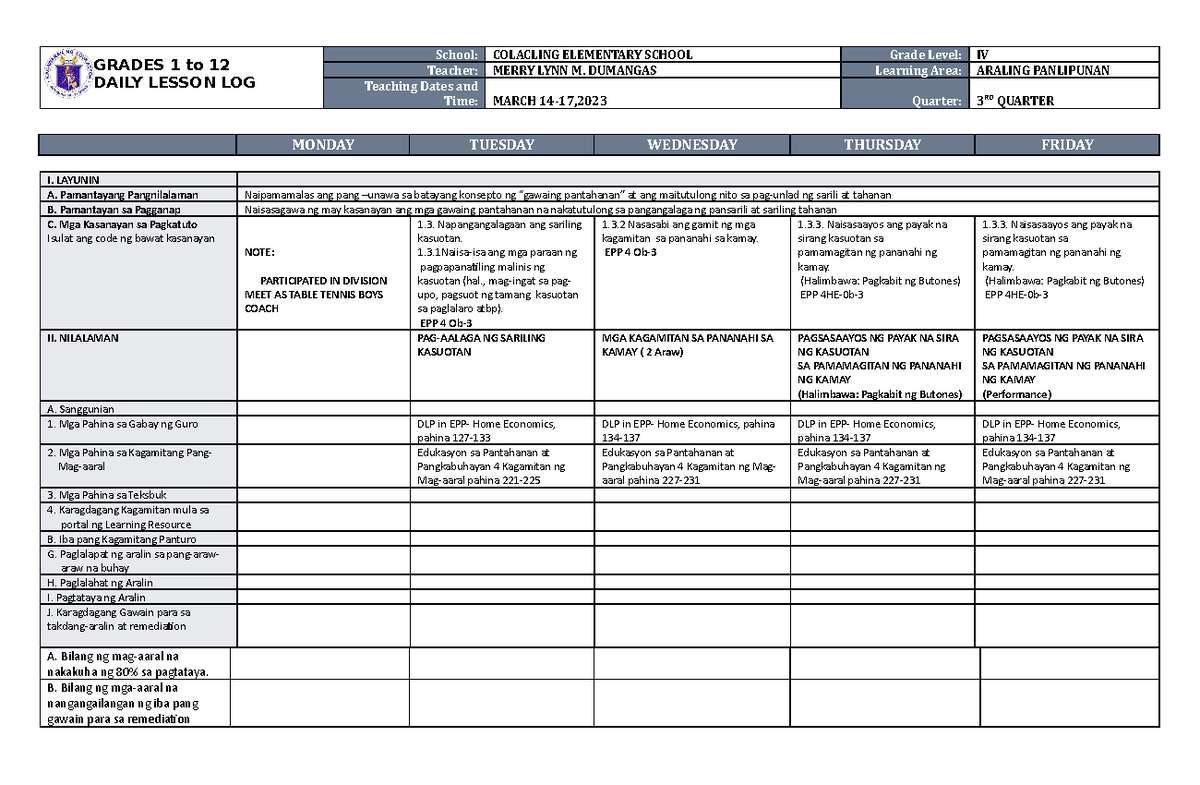 DLL EPP HE W3 - dll grade 4 - GRADES 1 to 12 DAILY LESSON LOG School ...