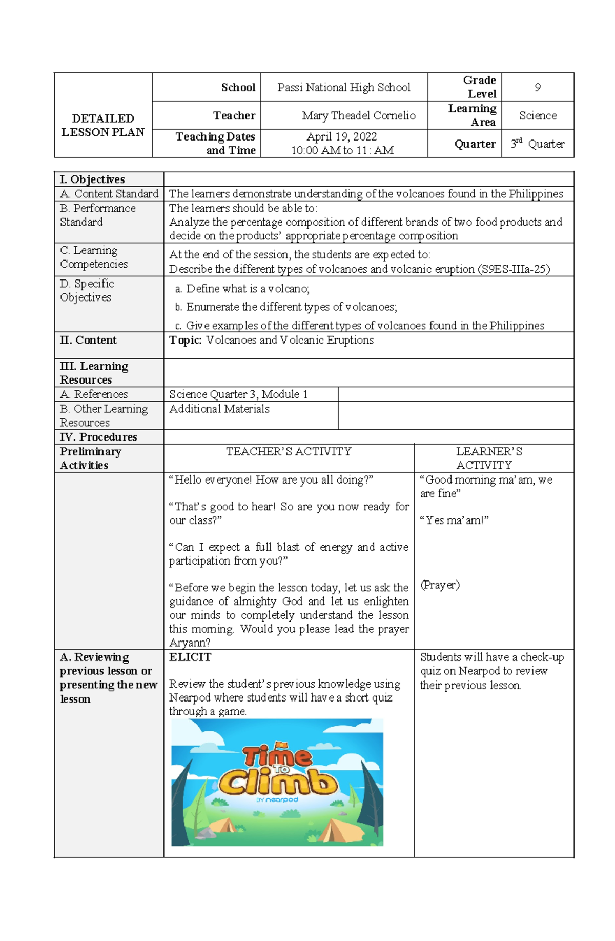 14 Volcano Lesson Plan - DETAILED LESSON PLAN School Passi National ...