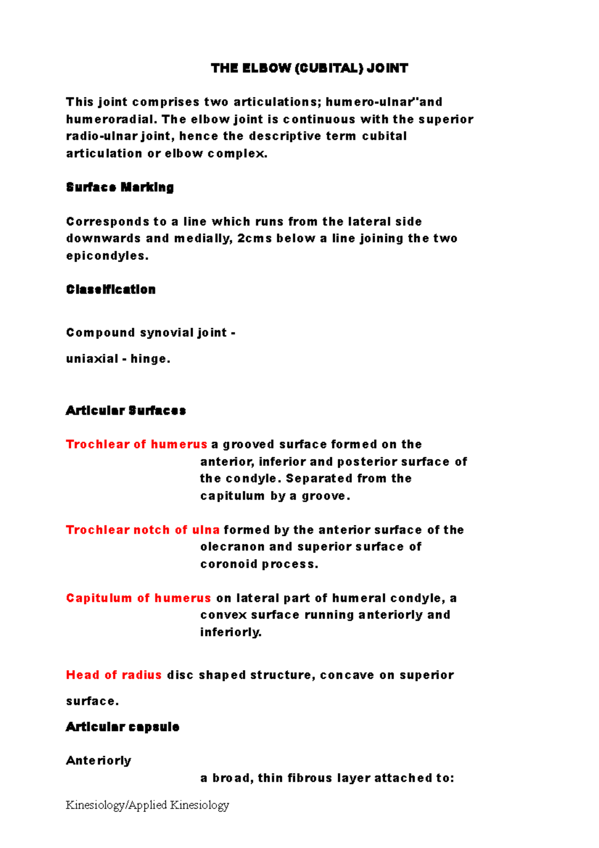 Elbow joint description - THE ELBOW (CUBITAL) JOINT This joint ...