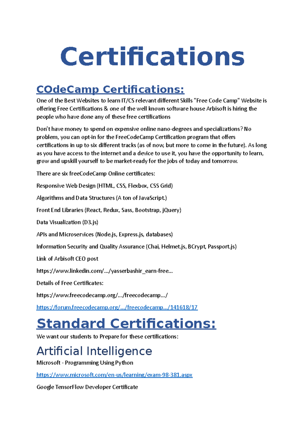 Coding courses websites and links - Certifications COdeCamp ...