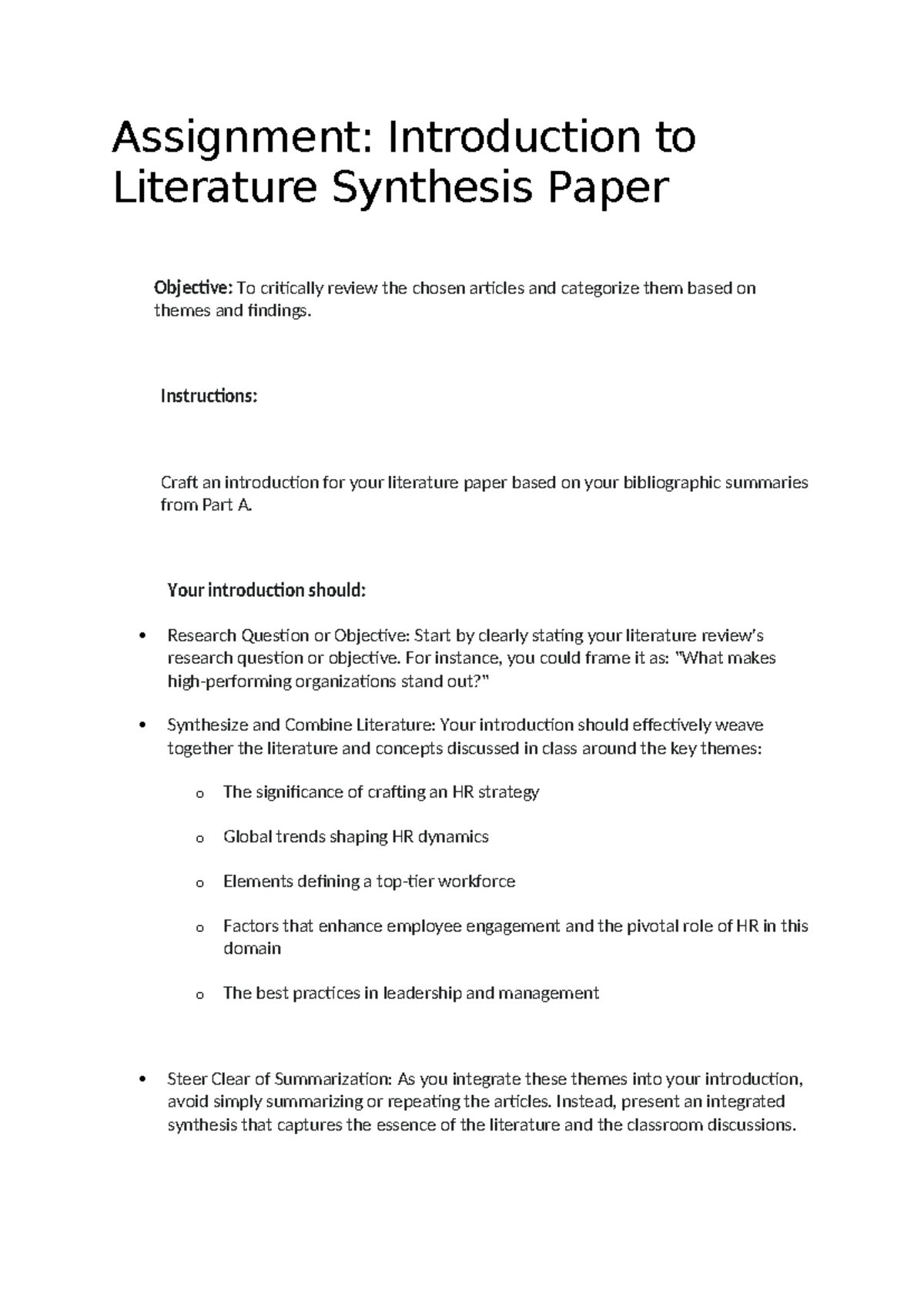 Assignment - NIL - Assignment: Introduction to Literature Synthesis Paper Objective: To ...