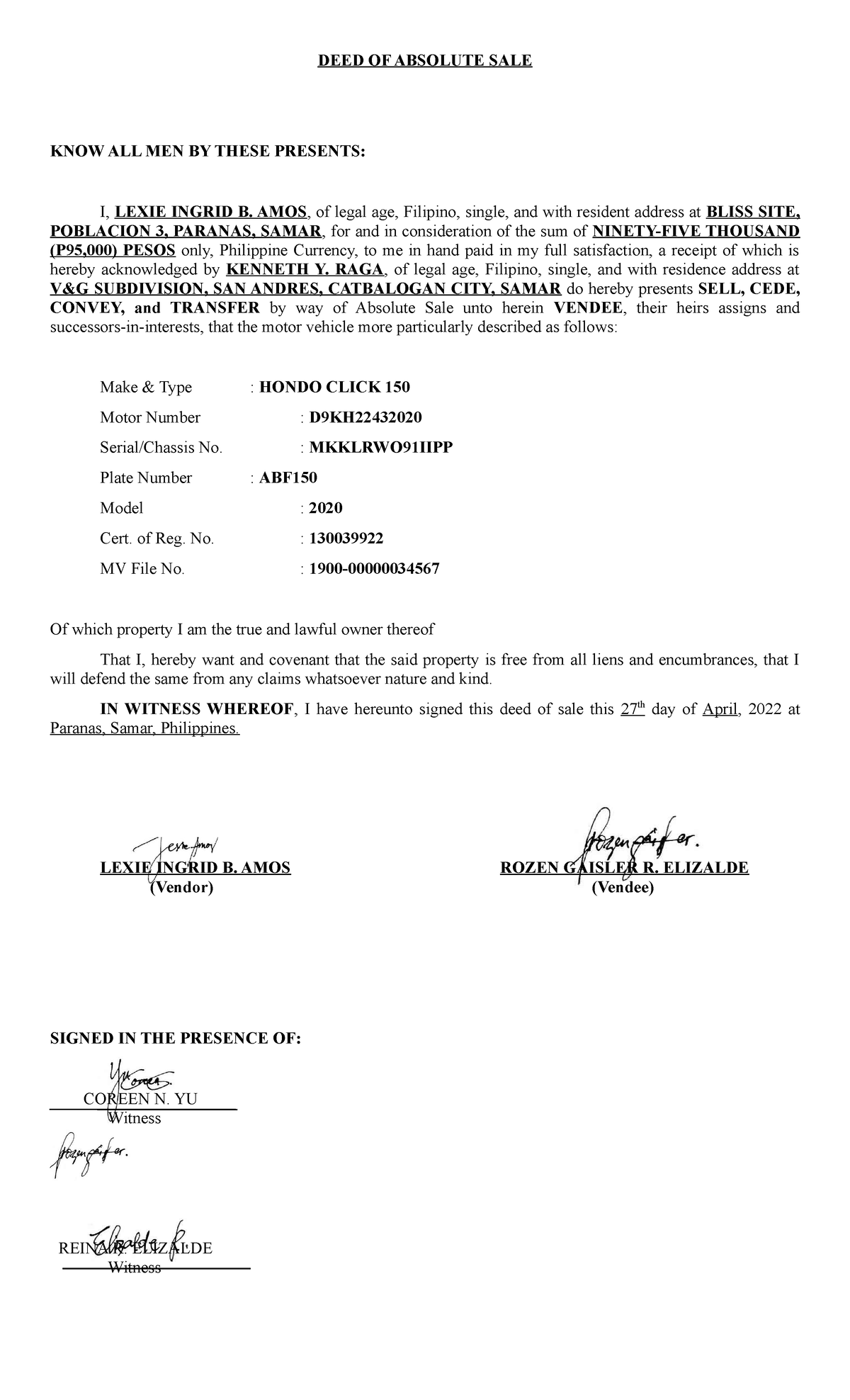 DEED OF Absolute SALE - DEED OF ABSOLUTE SALE KNOW ALL MEN BY THESE PRESENTS: I, LEXIE INGRID B ...