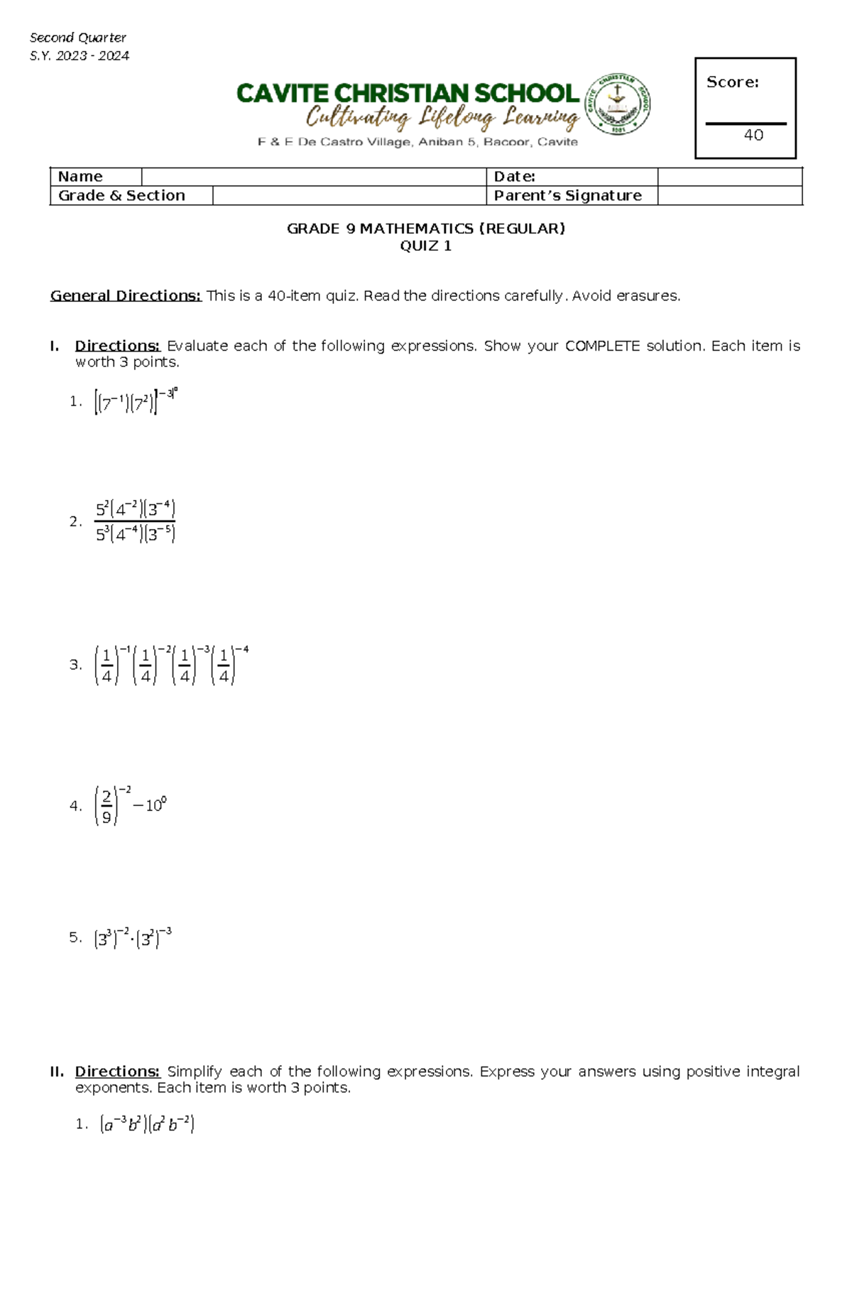 2NDQ G9 QUIZ1 - quiz - Name Date: Grade & Section Parent’s Signature ...